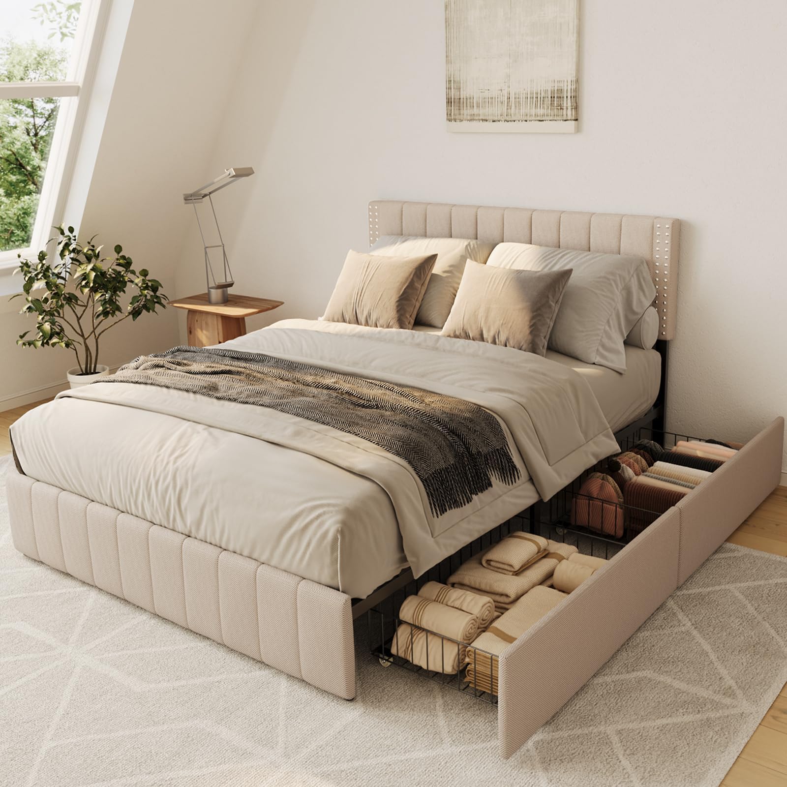 Amazon.com: Allewie Upholstered Queen Size Platform Bed Frame with 4 ...