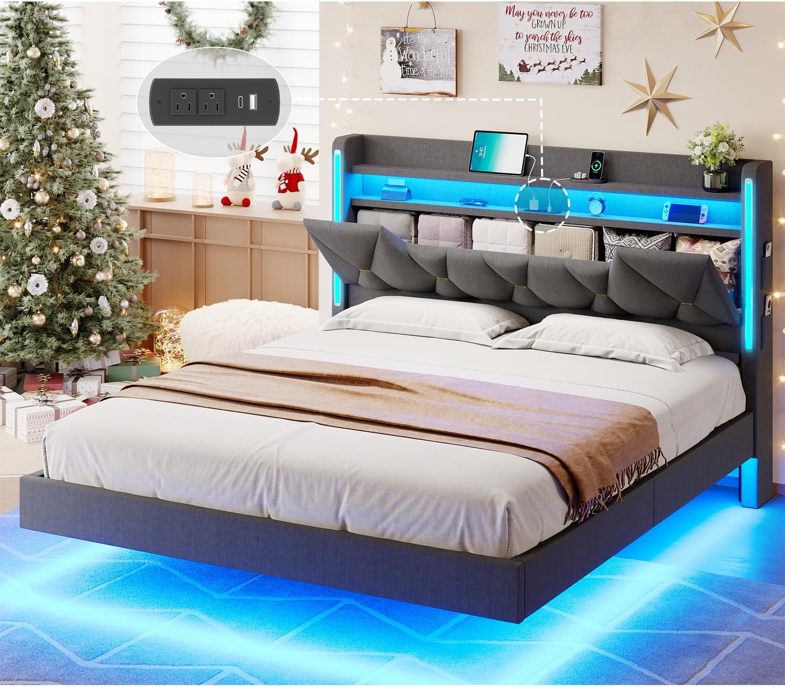 Amazon.com: ADORNEVE Queen Floating Bed Frame with RGB LED Lights ...