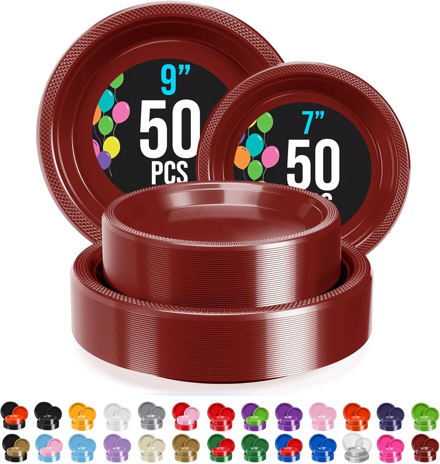 Amazon.com: Party Solids Burgundy Plastic Plates For Party Supplies ...