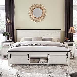 Amazon.com: ACCOHOHO Farmhouse King Size Bed Frame with with 47" Headboard,Sliding Barn Door ...