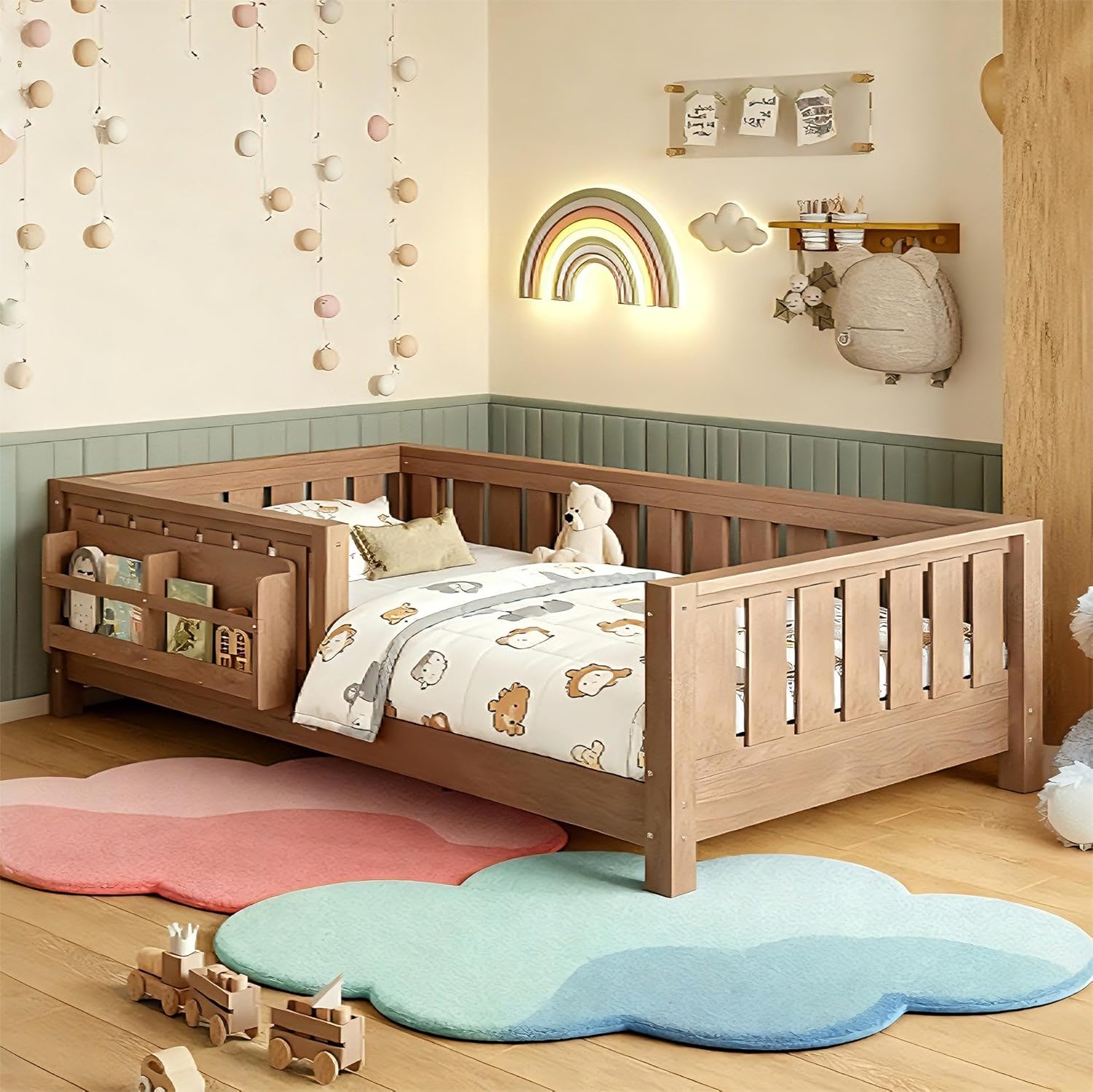 Amazon.com: Bellemave Twin Floor Bed Frame with Fence & Bookshelf ...