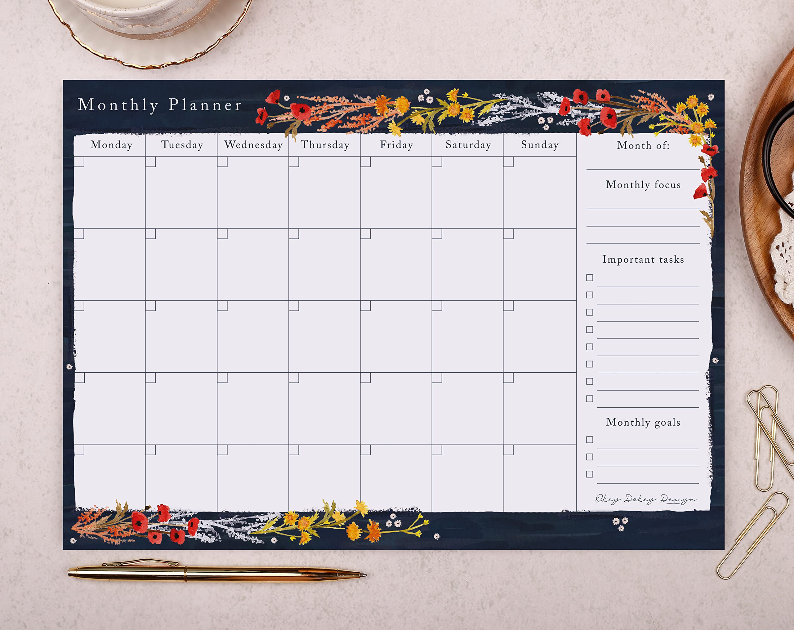 Making Meadows | Navy Blue Bird Monthly Planner Pad | A4 Tear Off Month ...