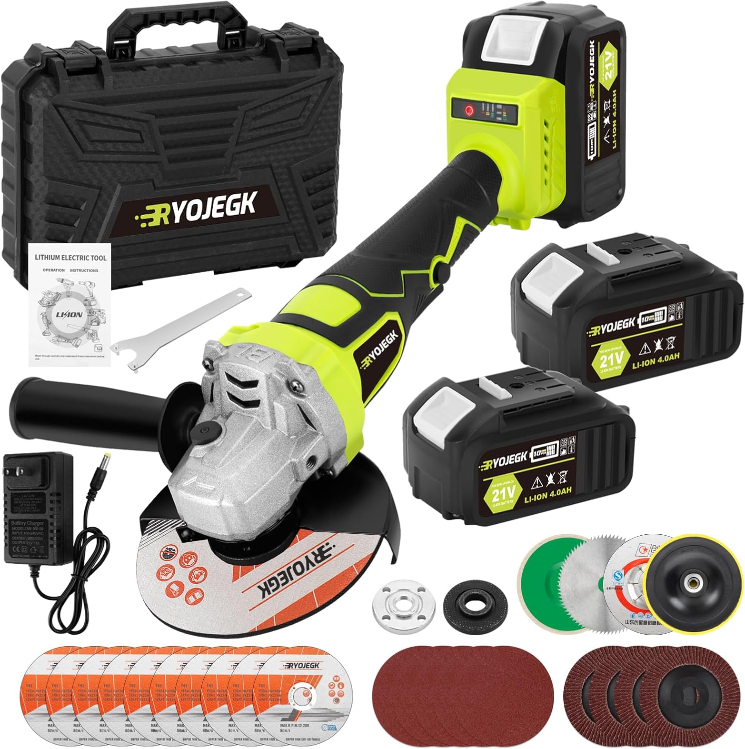 RYOJEGK 5”Cordless Angle Grinder, 21V Battery-Powered Grinders Tools ...