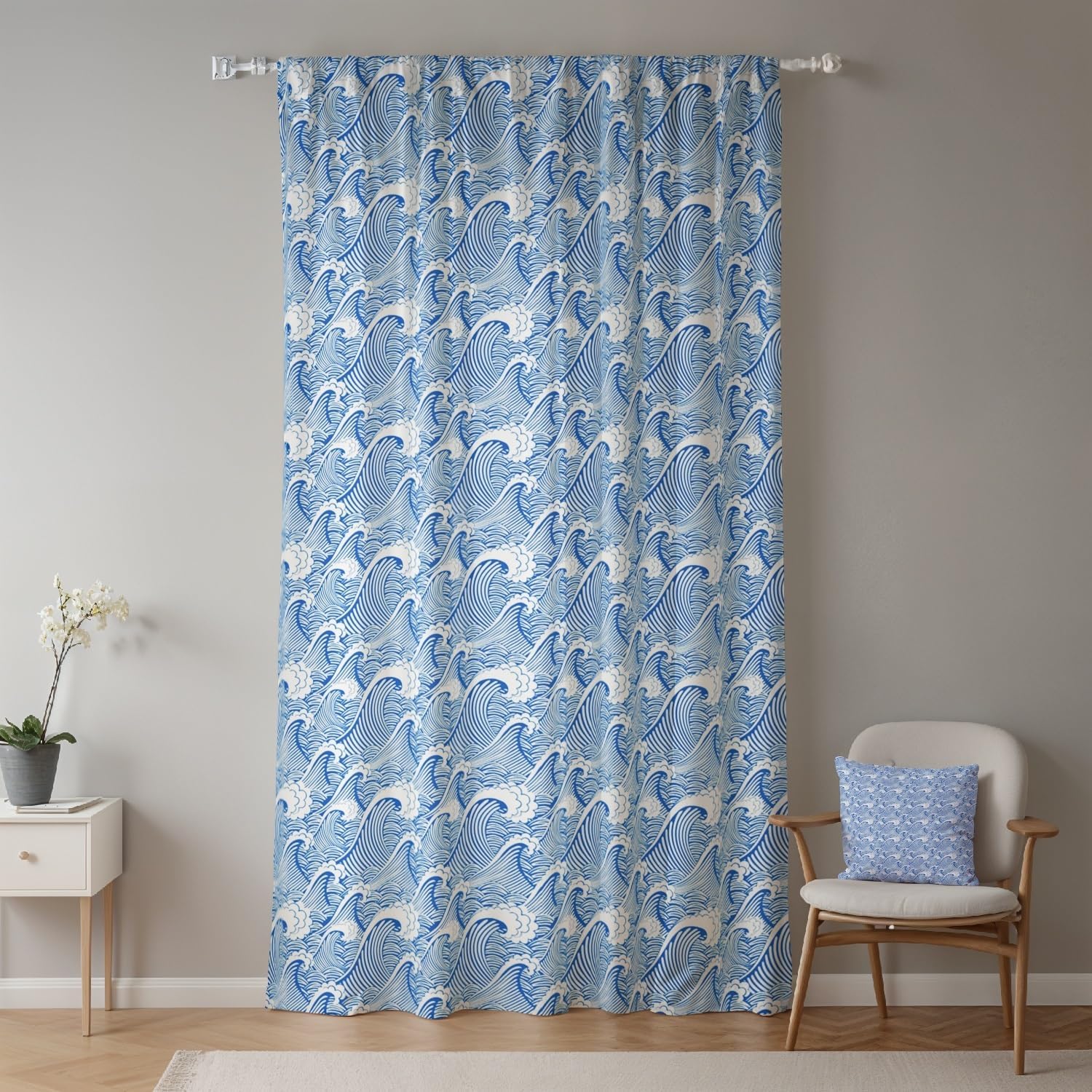 ggaimwf 135 x 229 cm bølge japansk blå hav maleri gardin med løkke ...