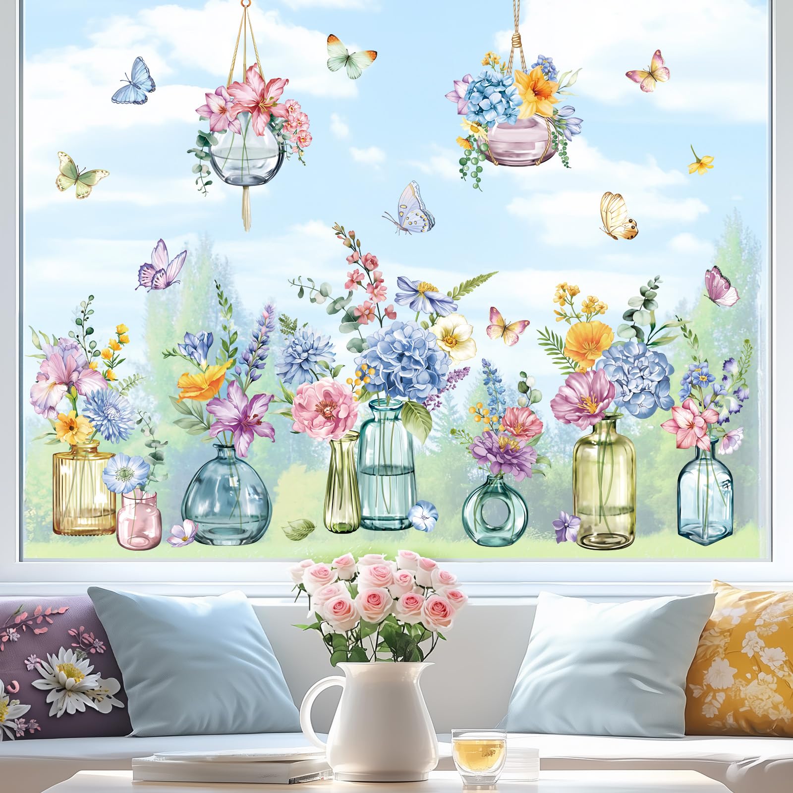 Amazon.com: decalmile Spring Summer Potted Flowers Vase Window Clings ...