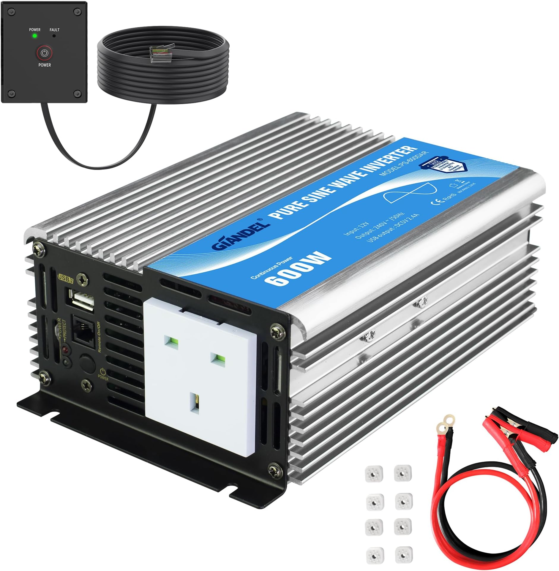 Giandel Pure Sine Wave Power Inverter 600W DC 12V to AC 240V Converter ...