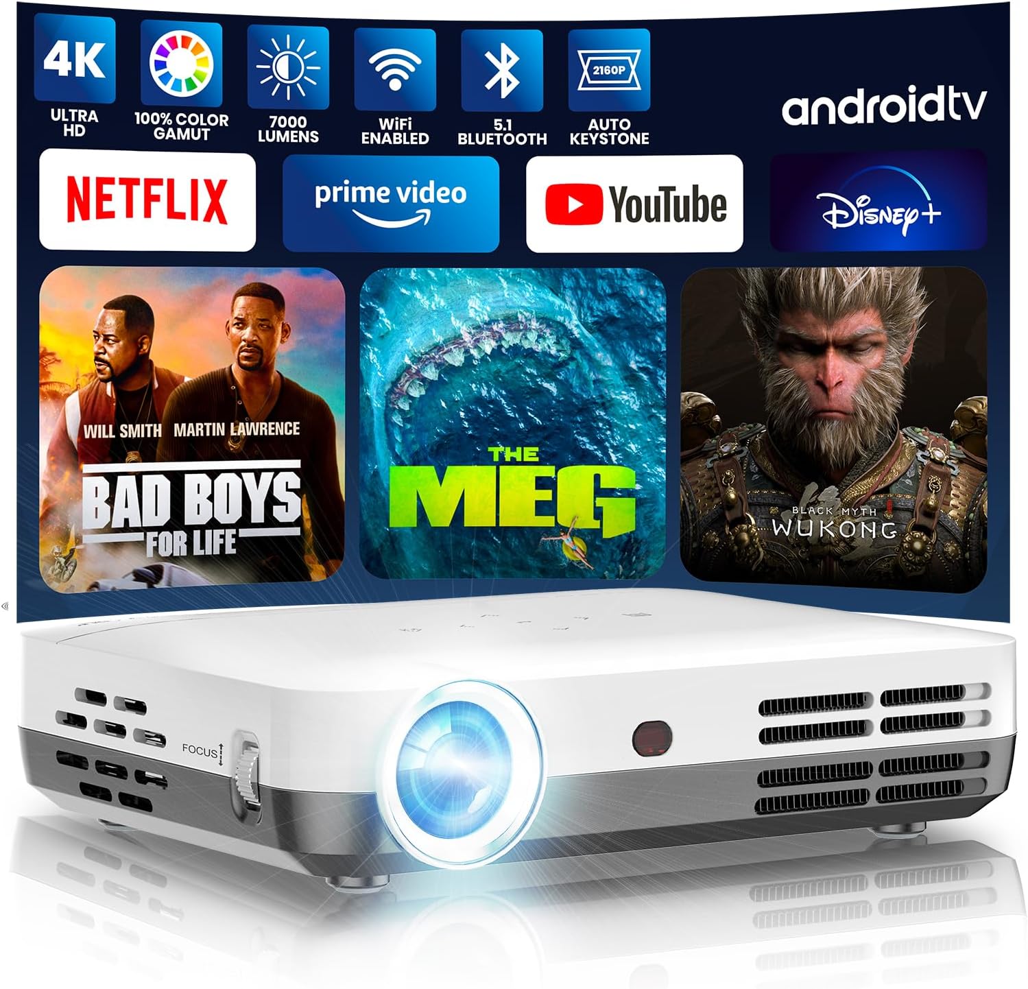 Boss Projector 4K 3840 X 2160 Resolution, 7000 Lumens, 3D Smart Android ...