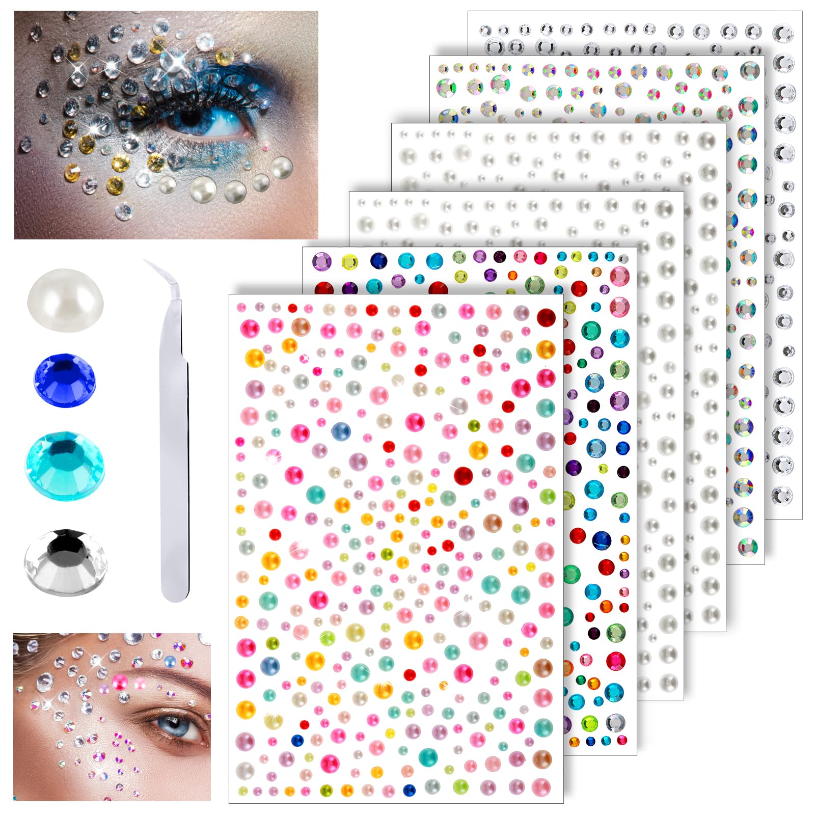 Andibro Face Gem Stick On, Face Jewels for Women, Rhinestones Hair ...