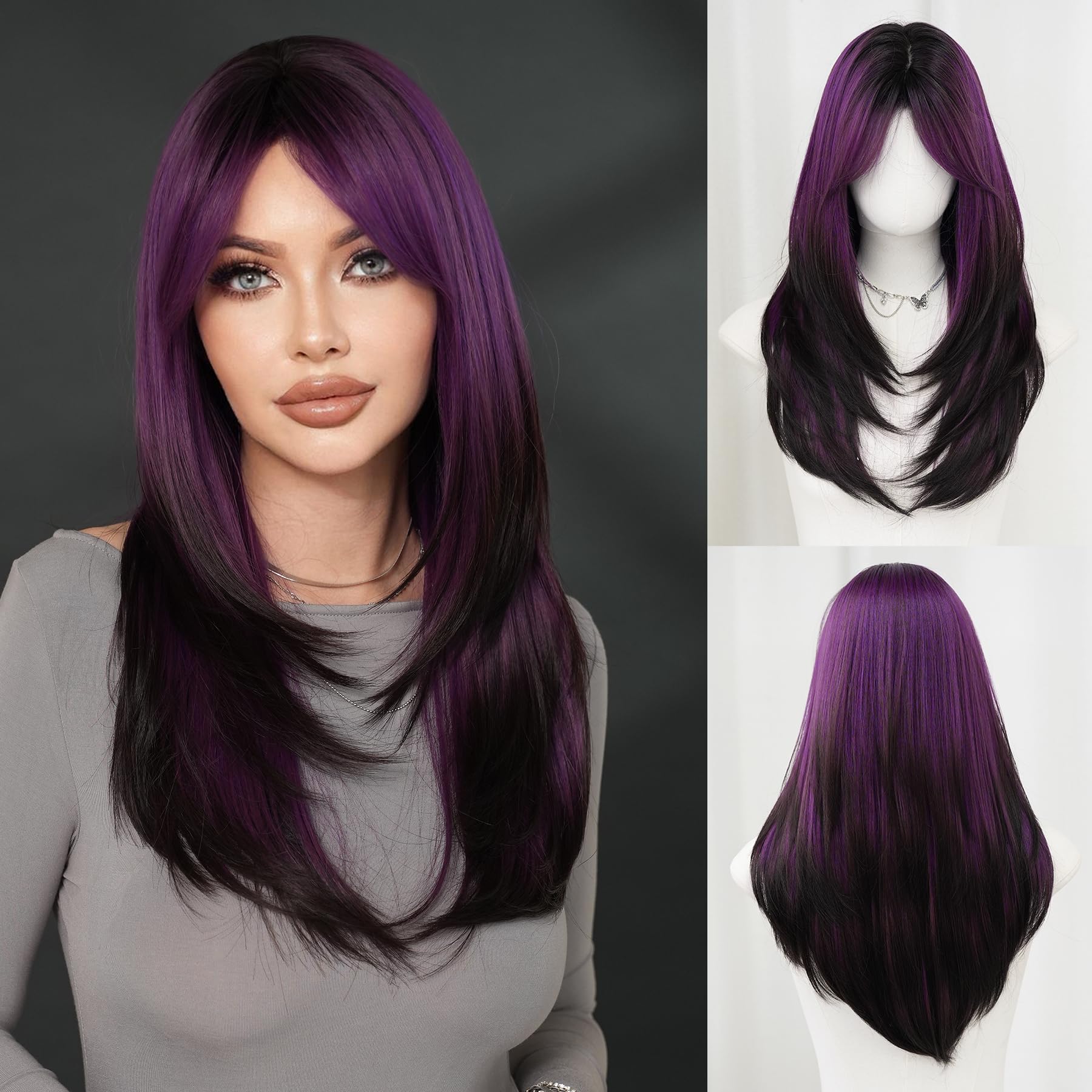 Amazon.com : 7JHH WIGS Long Dark Purple Ombre Wig with Bangs for Women ...