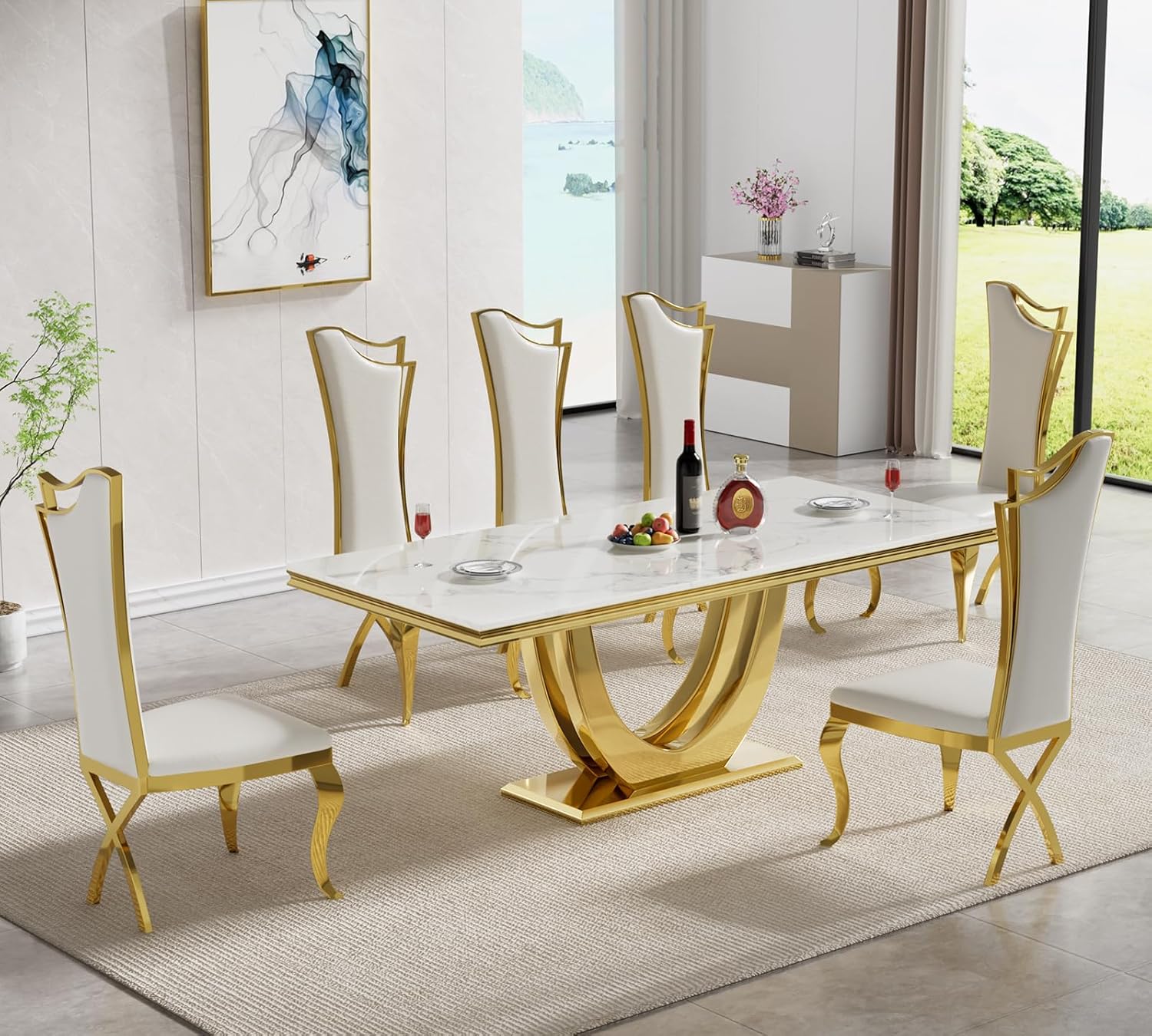 Amazon.com - Marble Dining Table Set for 6, Luxury Gold Kitchen Table ...
