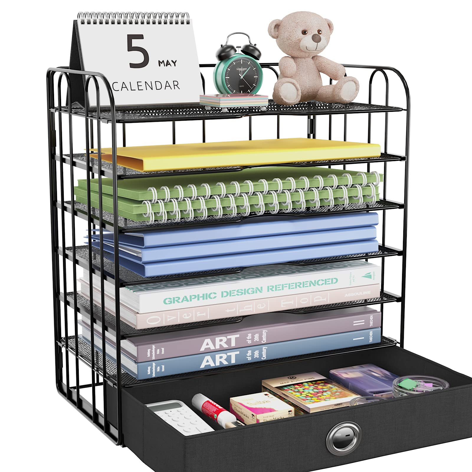 JAFUSI Paper Letter Tray Organizer with Drawer for Desk, 7 Tier Mesh ...
