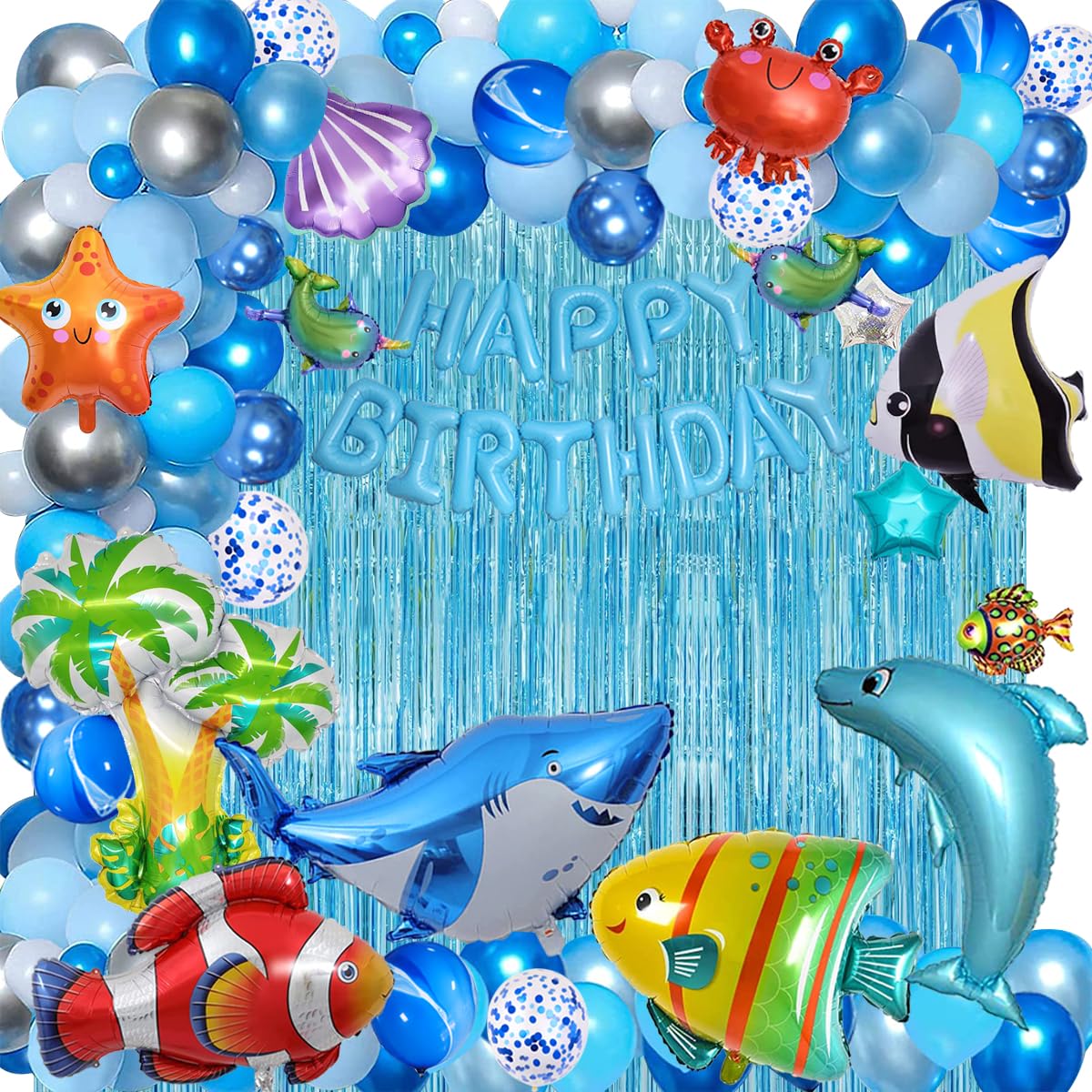 YinQin Set of 176 Blue Ocean Birthday Party Decorations with Balloon ...