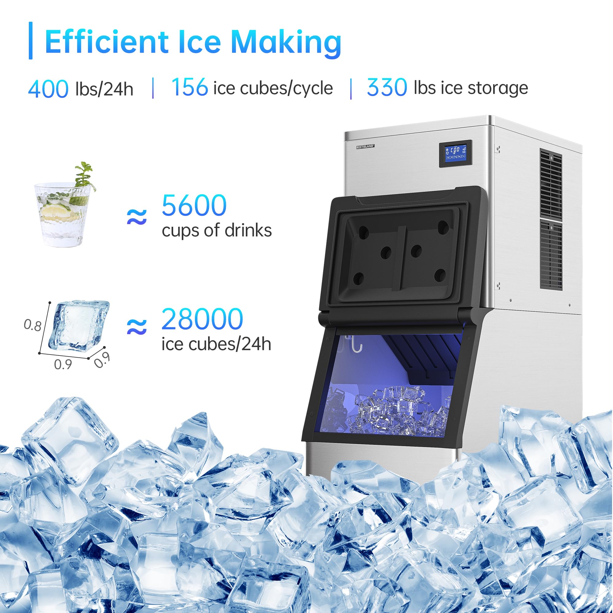 Commercial Ice Maker Machine, 400 lbs /24 h, 330 lbs Storage Bin ...