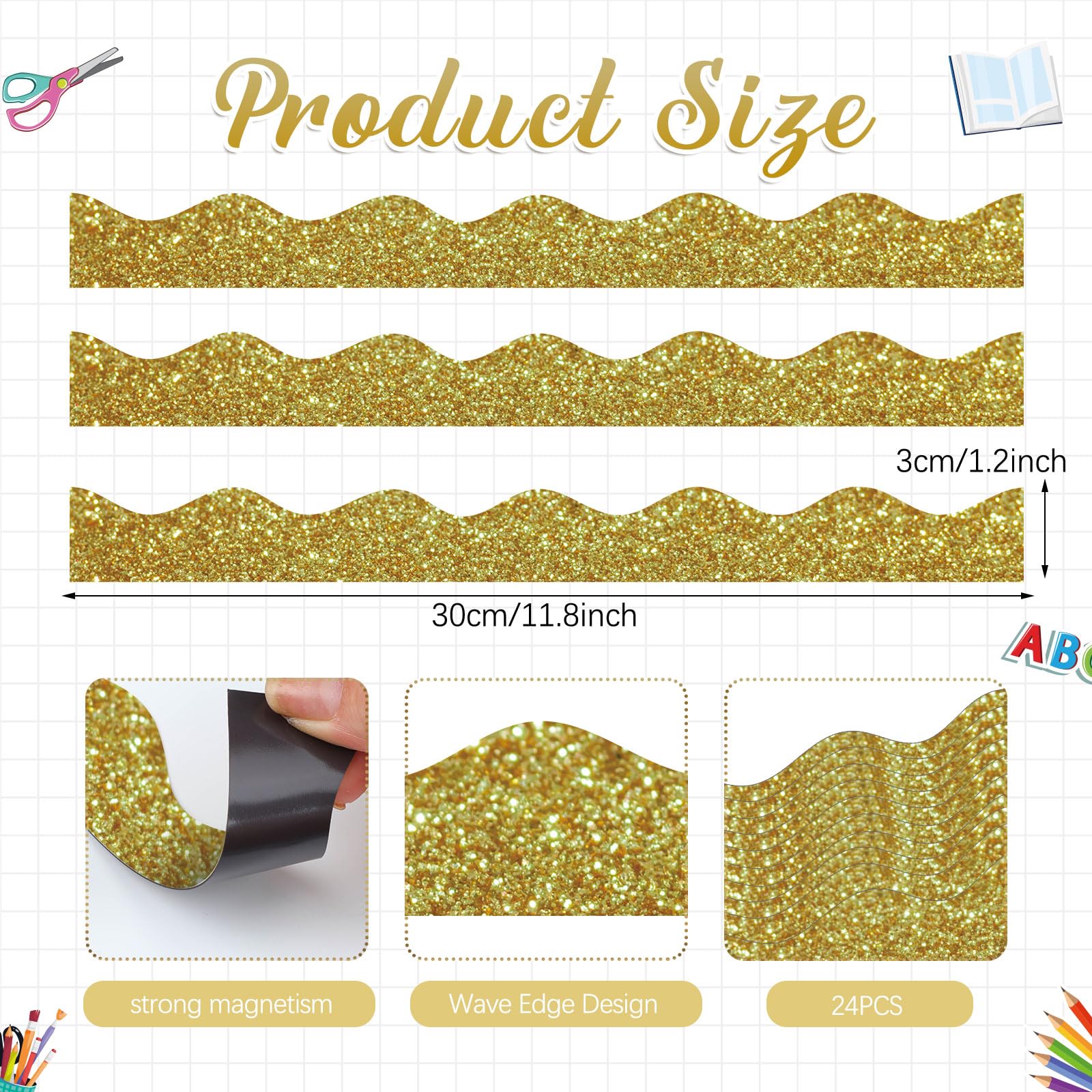 Snapklik.com : 24 Pcs Golden Glitter Magnetic Bulletin Board Borders ...