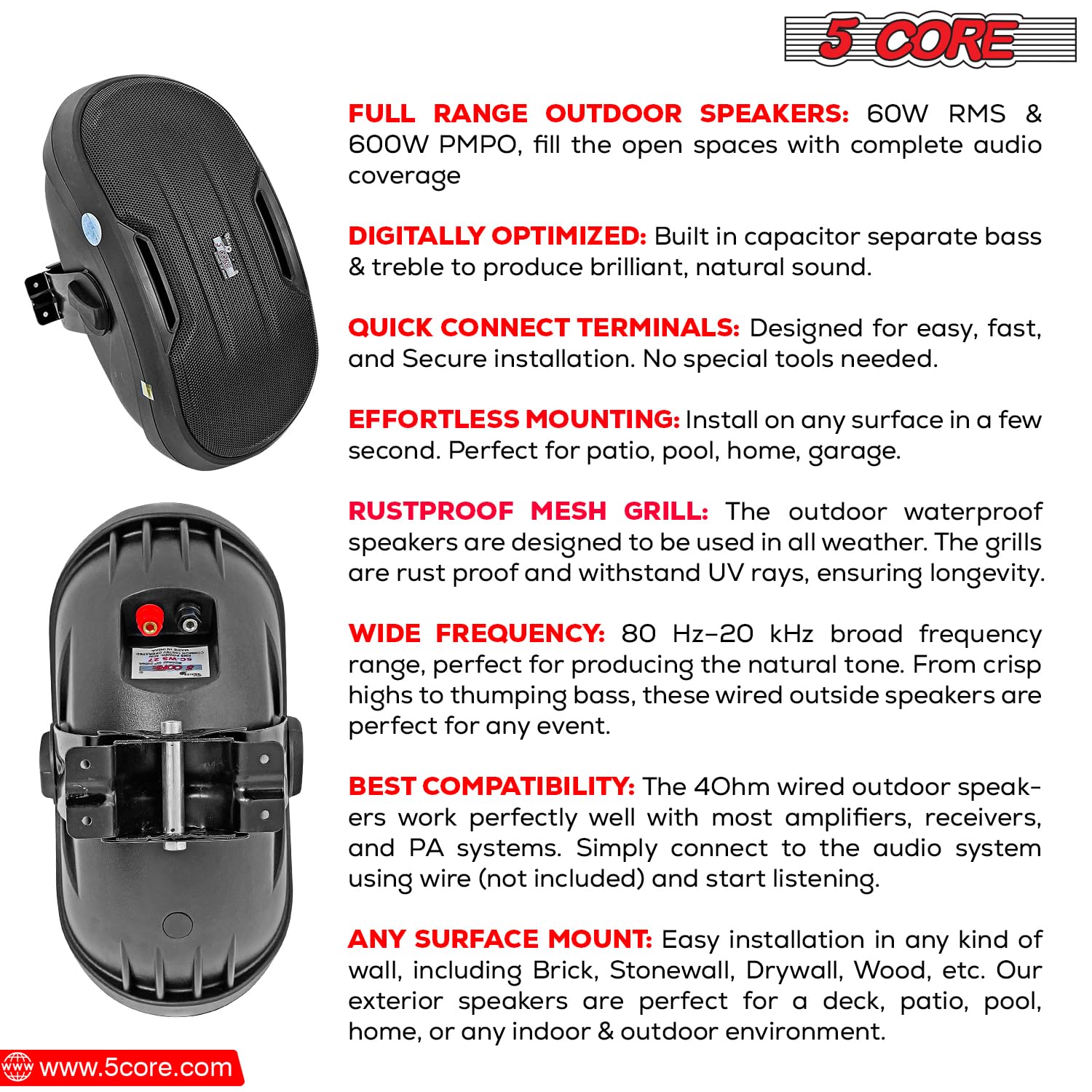 Snapklik.com : 5 CORE Outdoor Speakers Stereo In Wall Speaker 600W Peak ...