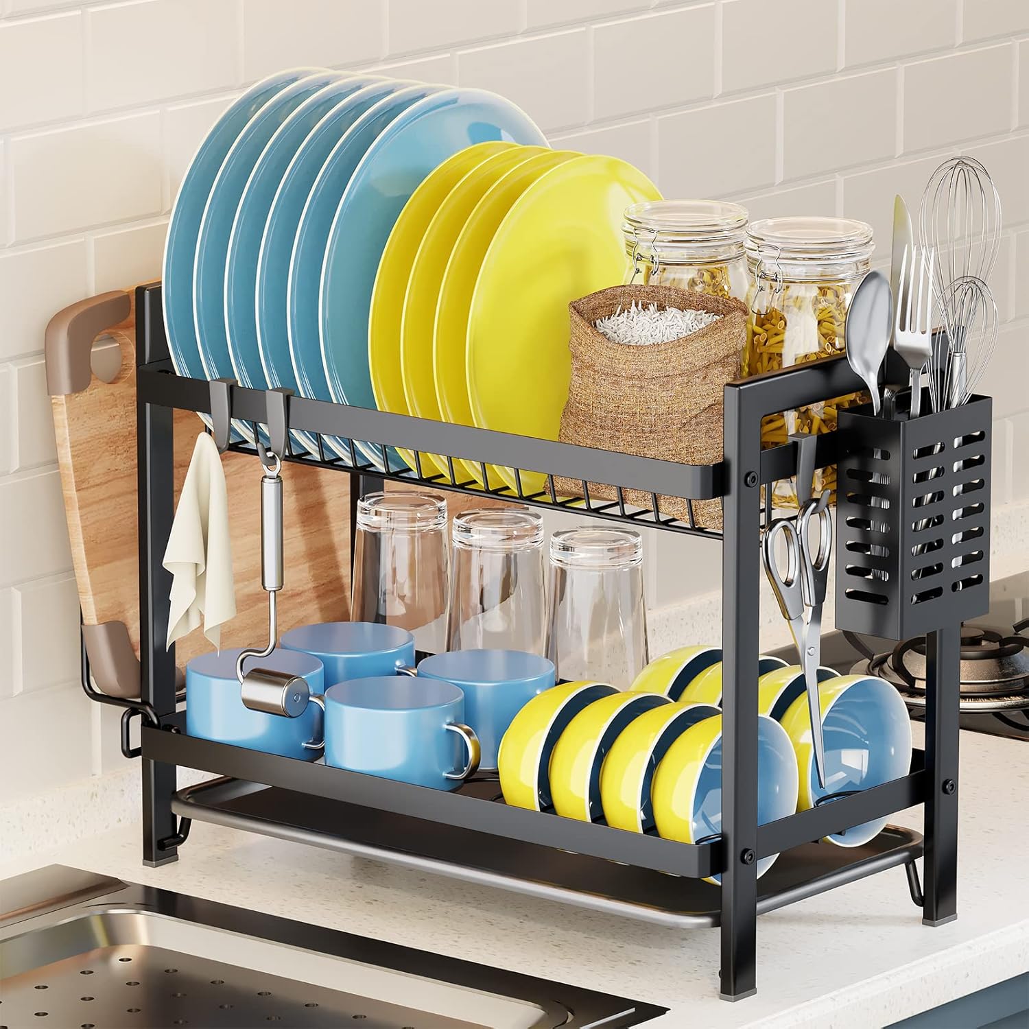 Dish Drying Rack with Drain Board Set,GAOKASE 2 Tier Dish Drainer Rack for Kitchen Countertop ...