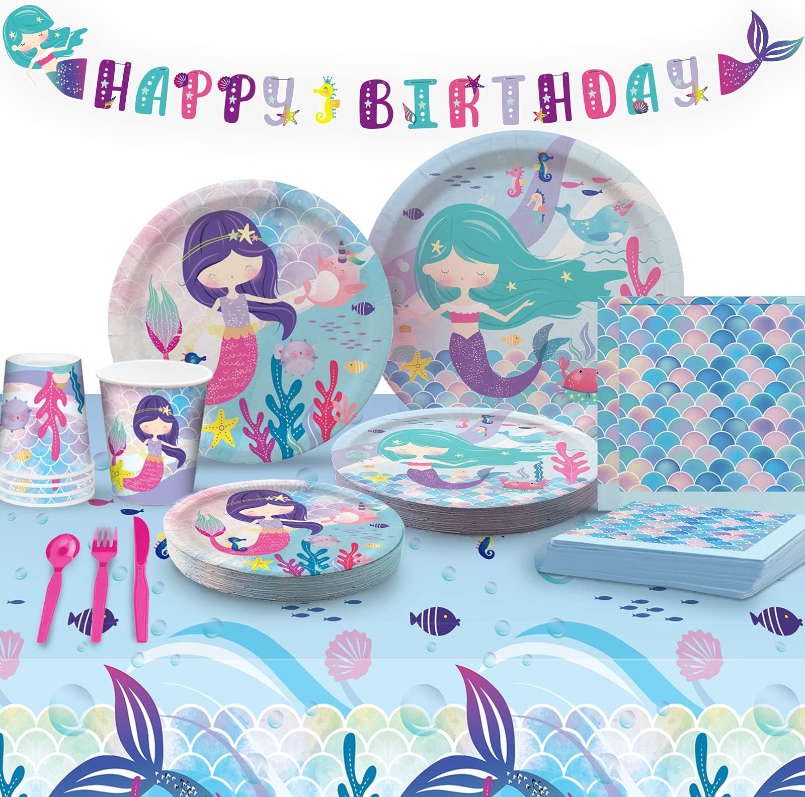 Amazon.com: Mermaid Theme Party Pack - Disposable Paper Plates, Cups ...