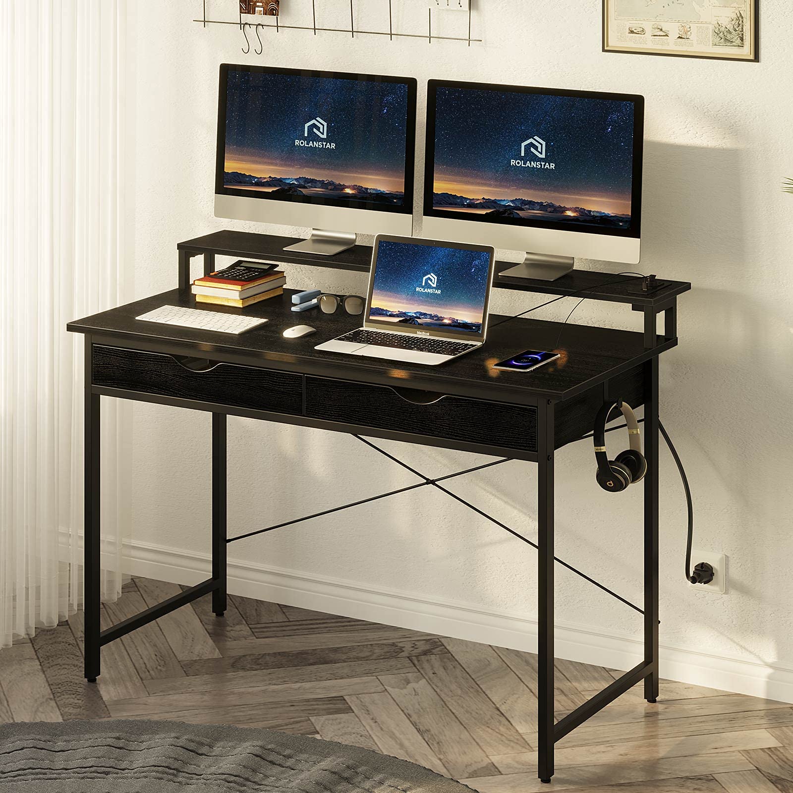 Rolanstar Computer Desk with 2 Drawers and Power Outlet, 47" Home ...