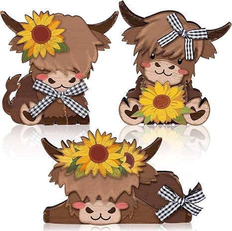 Amazon.com: GlikCeil 3 Pcs Sunflower Highland Cow Wooden Table ...