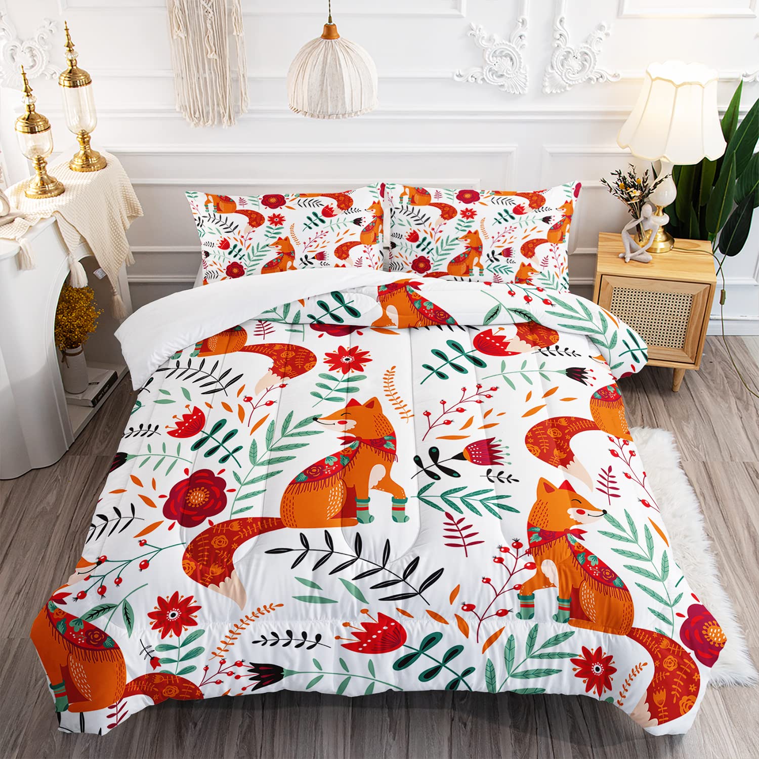 Amazon.com: XYNHML Cartoon Fox Comforter Set 3-Pieces Cute Fox Bedding ...
