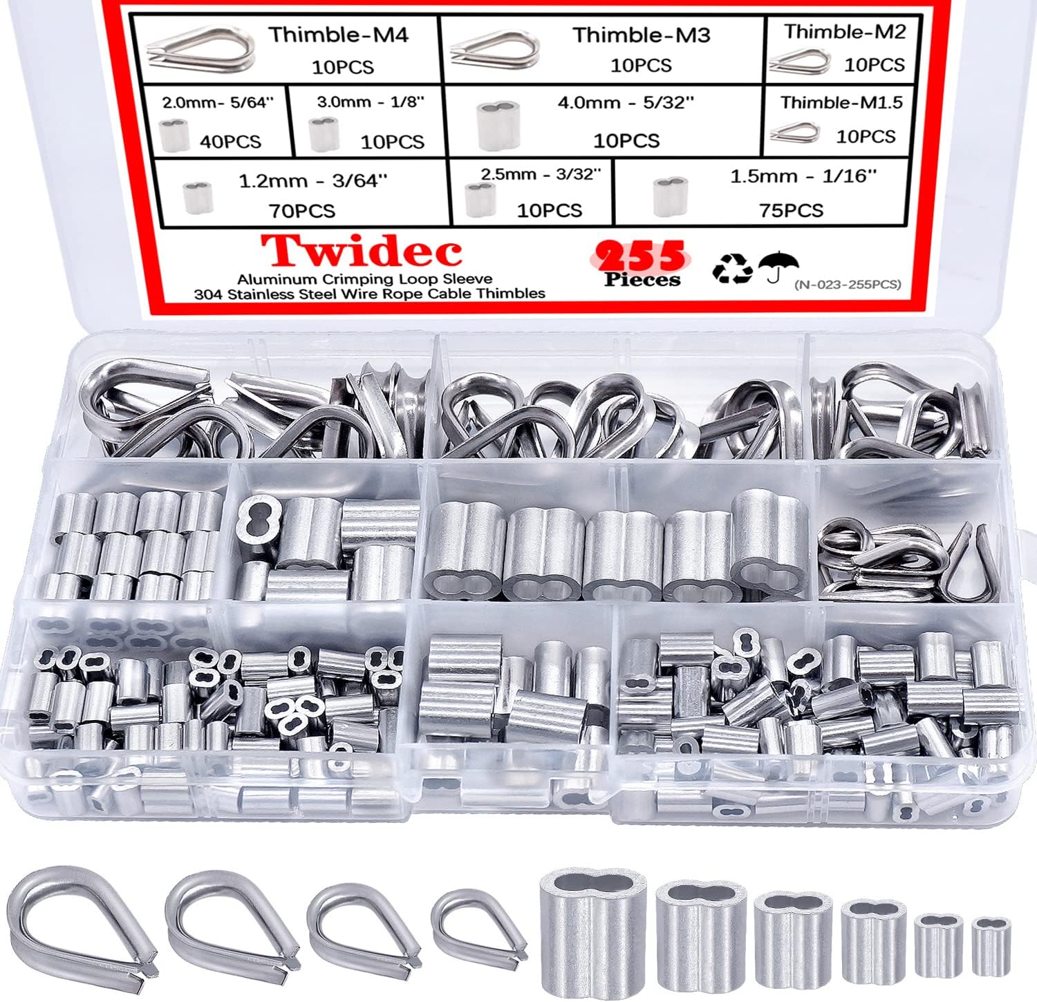 Twidec/240PCS 304 Stainless Steel Wire Rope Cable Thimbles and Aluminum ...