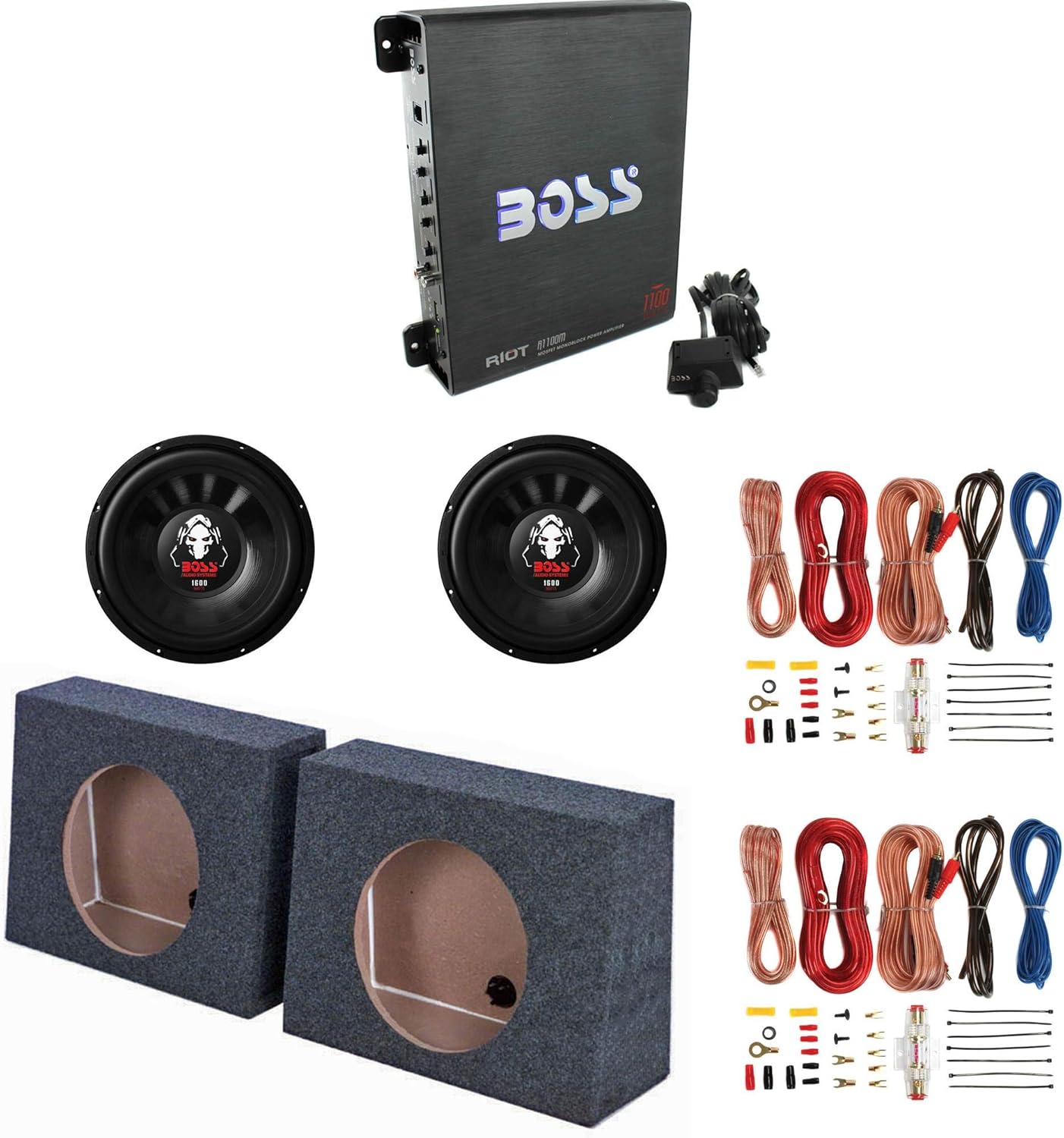 Amazon.com: Boss 1100W Amp & 12" 1600W Subwoofer (2 Pack) & 12" Sub Box ...