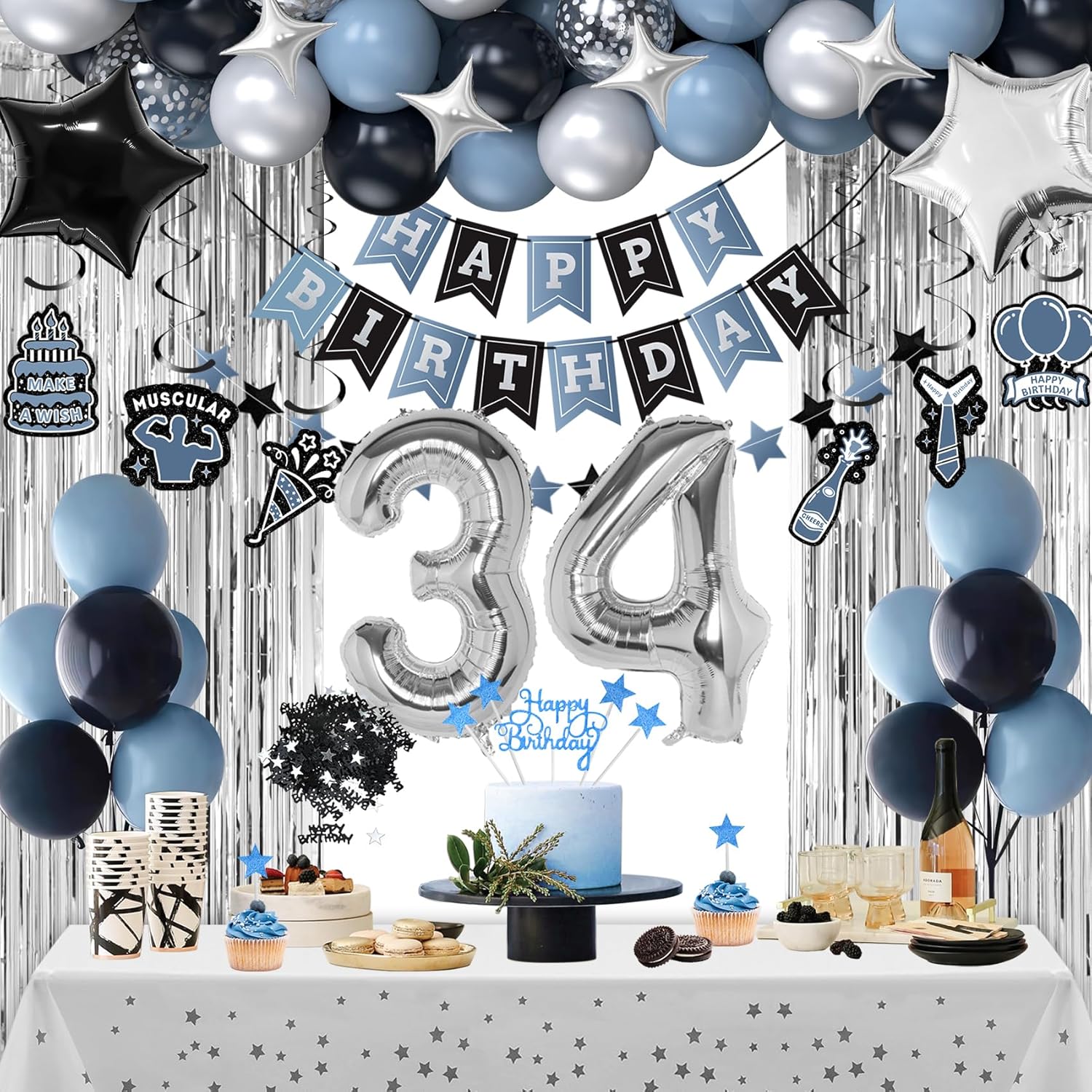 Amazon.com: 34th Birthday Decorations, Dusty Blue 34 Birthday ...