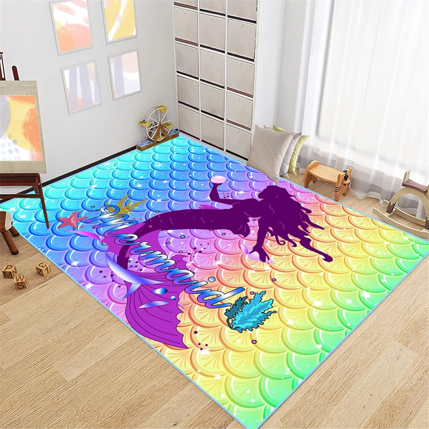 Amazon.com: Girls Mermaid Area Rug Cartoon Mermaid Rug for Girls Teens ...