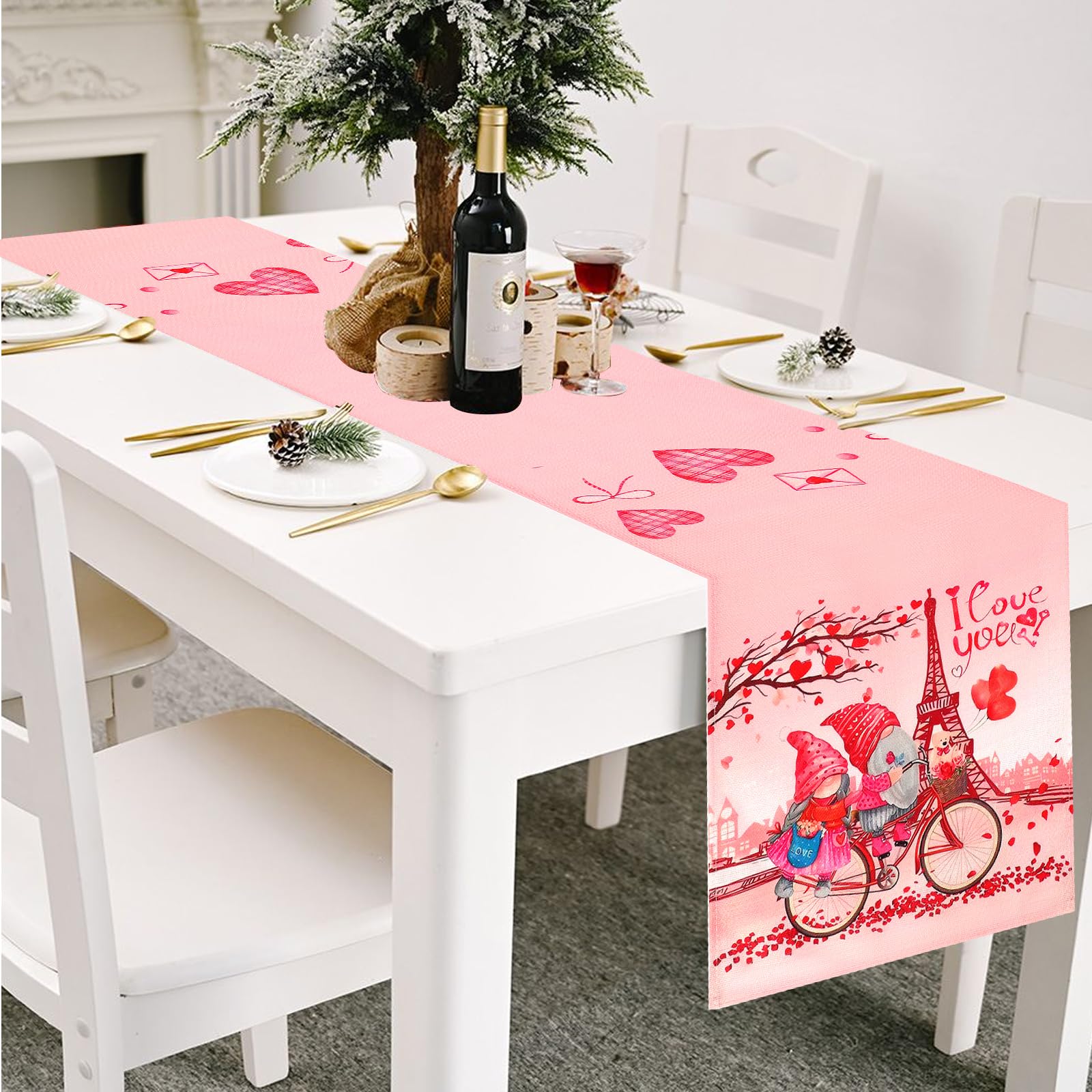 Valentine's Day Table Runner, Linen Red Bicycle Gnome Table Runner ...