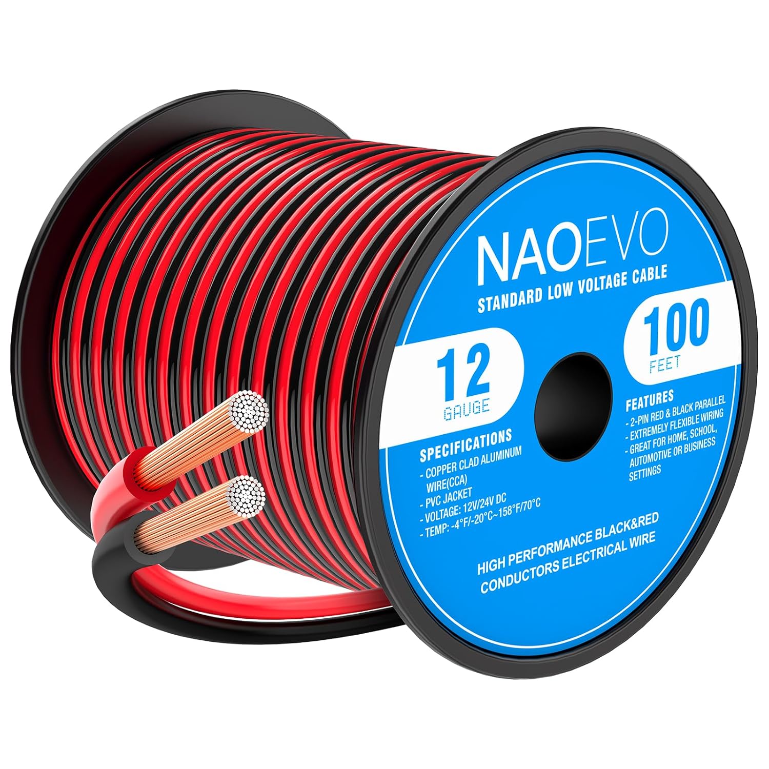 NAOEVO 12 Gauge Wire 100FT, 2 Conductors Electrical Wire Red Black ...