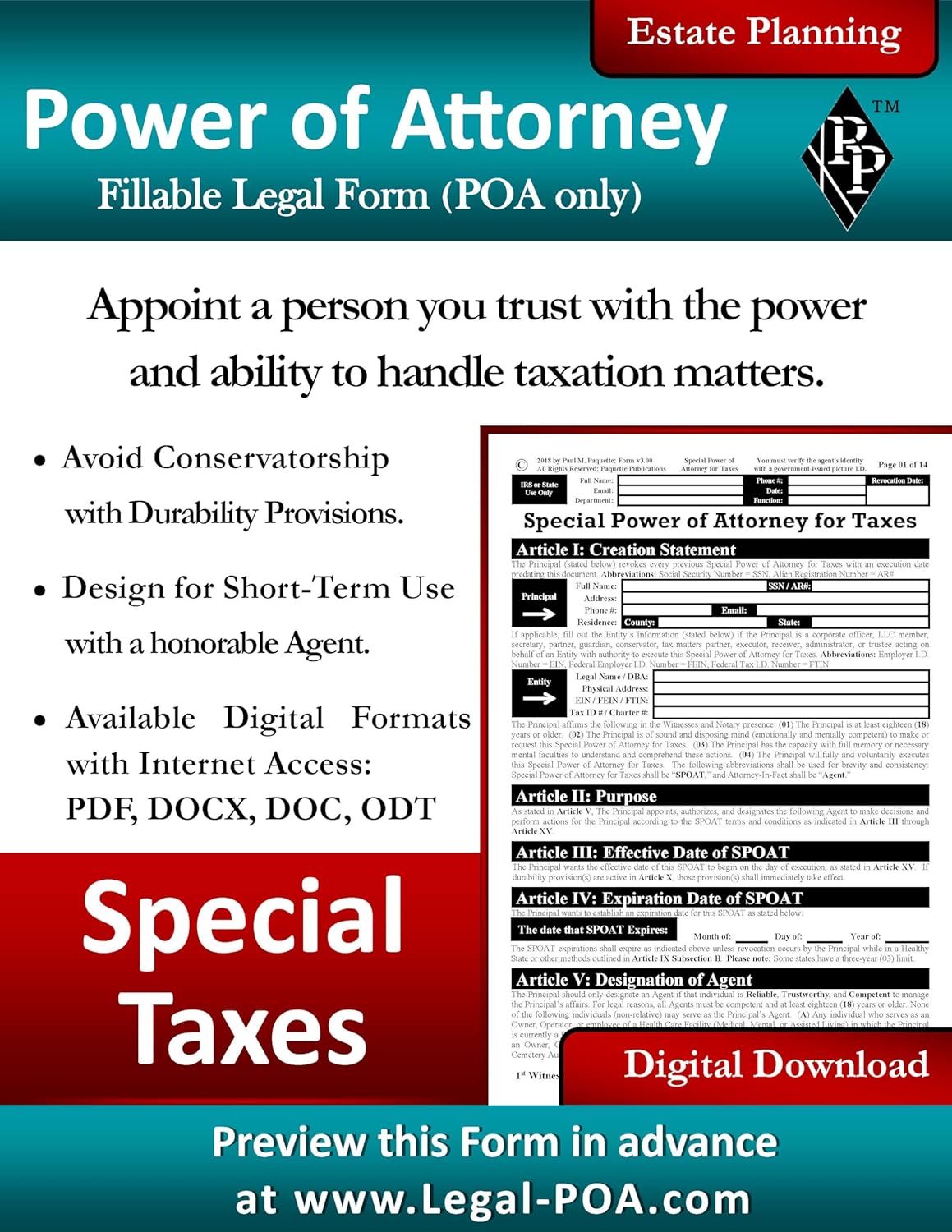 Special Power of Attorney for Taxes: Fillable Legal Form ( POA Only ...