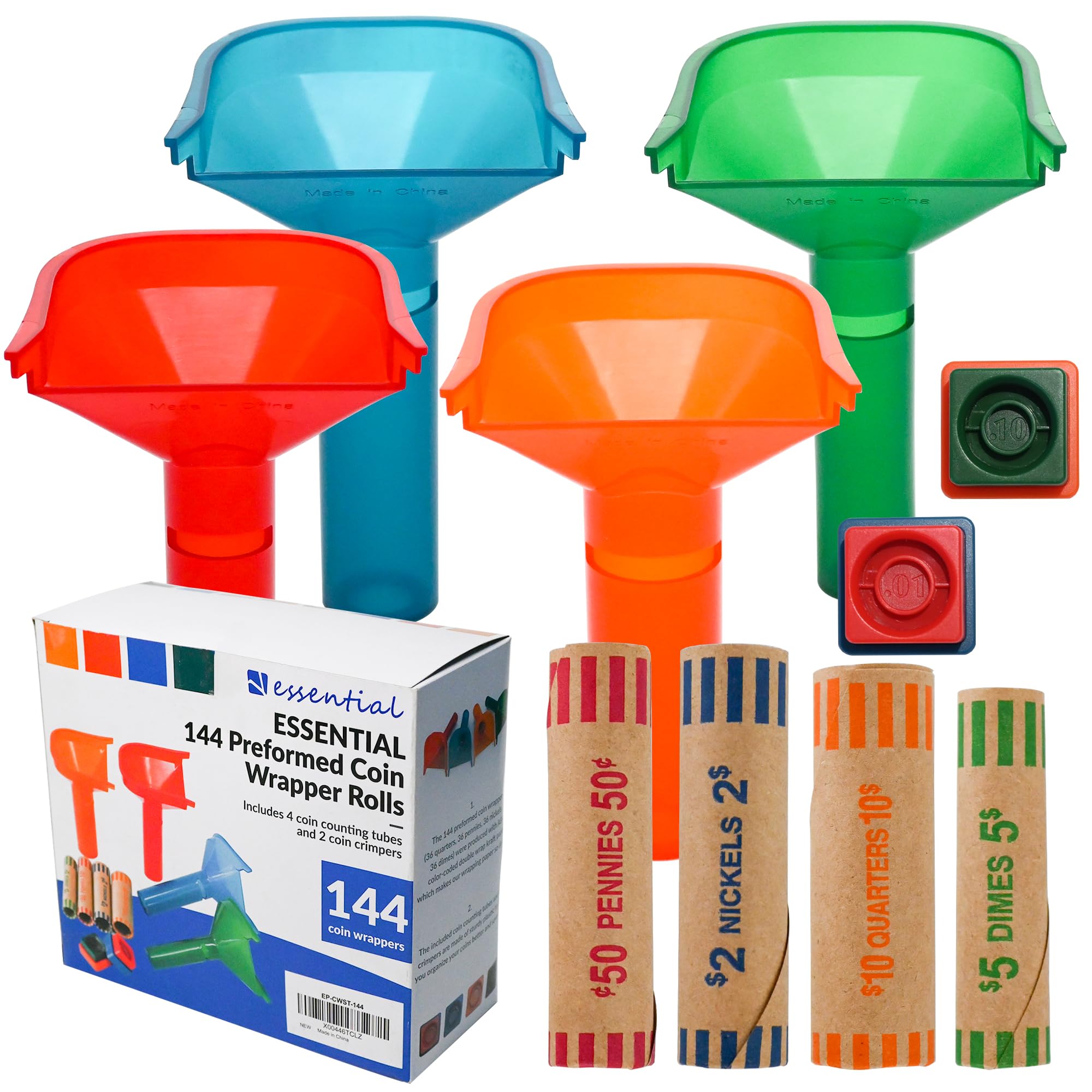 Amazon.com : ESSENTIAL 144 Pcs Assorted Preformed Coin Wrapper Rolls ...