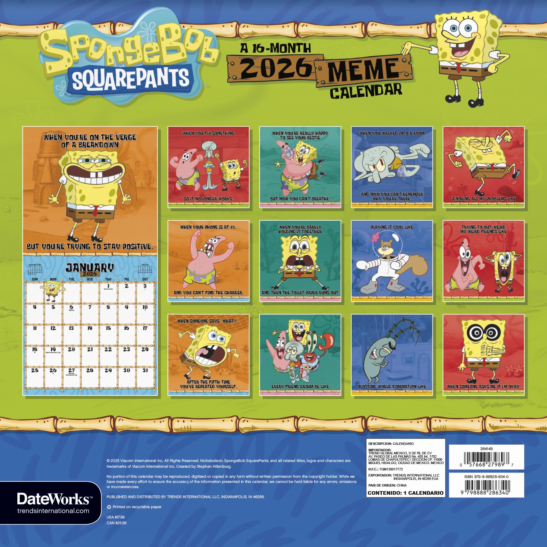 Snapklik.com : SpongeBob Squarepants Calendar 2026 - Deluxe 2026 ...