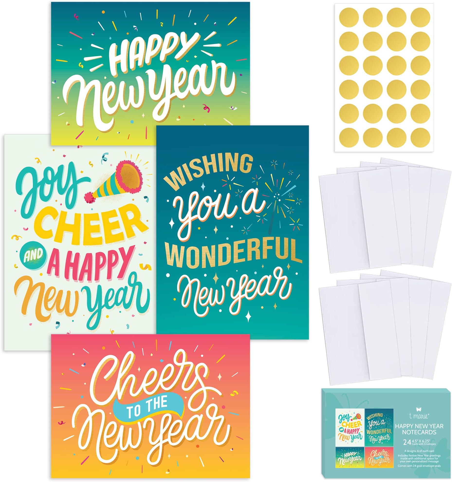 24 Happy New Year Cards Boxed With Envelopes and Gold Stickers ...