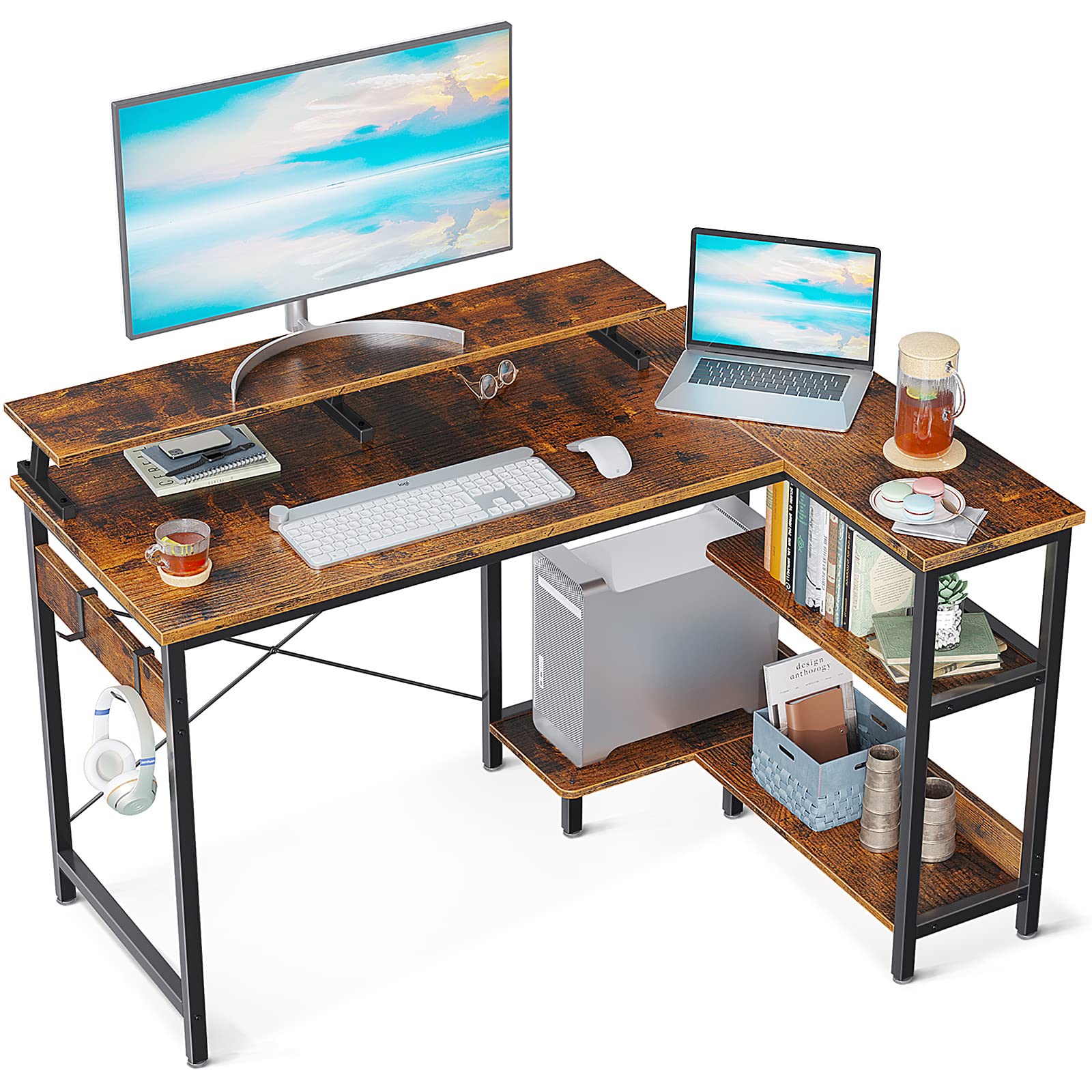 ODK L Shaped Desk with Storage Shelves, 48 inch Corner Desk for Small ...