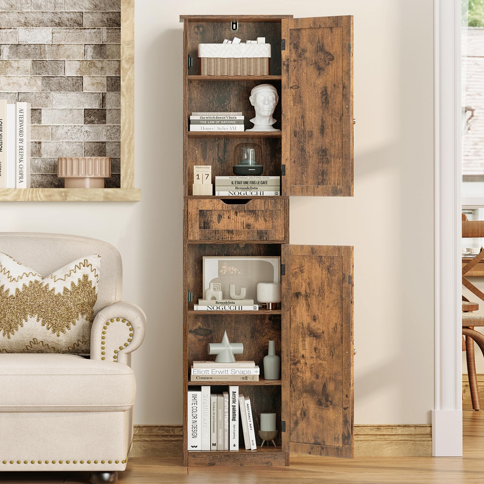 FIONESO 67" Tall Storage Cabinet with Drawer & 2 Adjustable Shelves ...