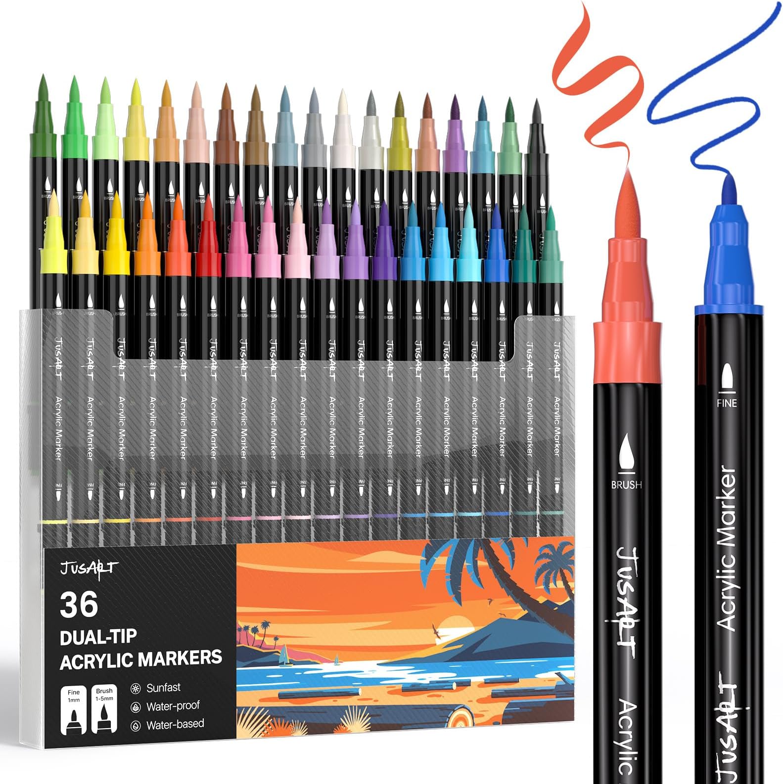 Amazon.com: JusArt 36 Colors Dual Tip Acrylic Paint Pens Markers, Brush ...