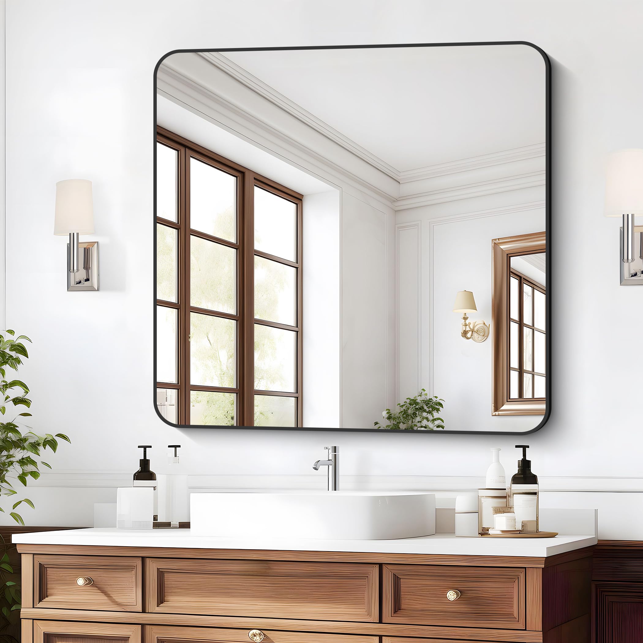 39x39 inch Black Bathroom Mirrors for Wall, Large Square Mirror, Metal ...