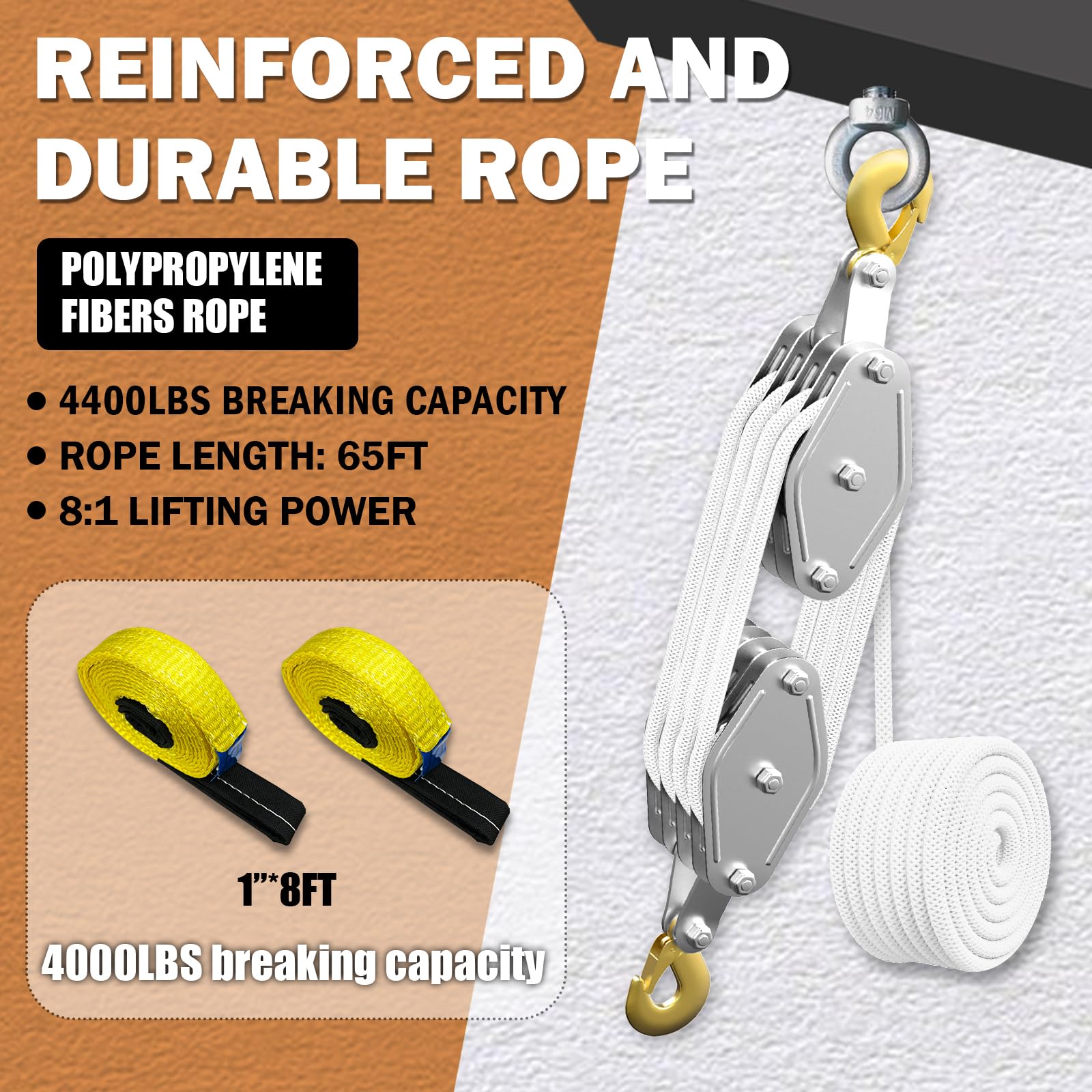 Snapklik.com : YATOINTO Rope Pulley Hoist 4400 LB, 8:1 Lifting Power ...