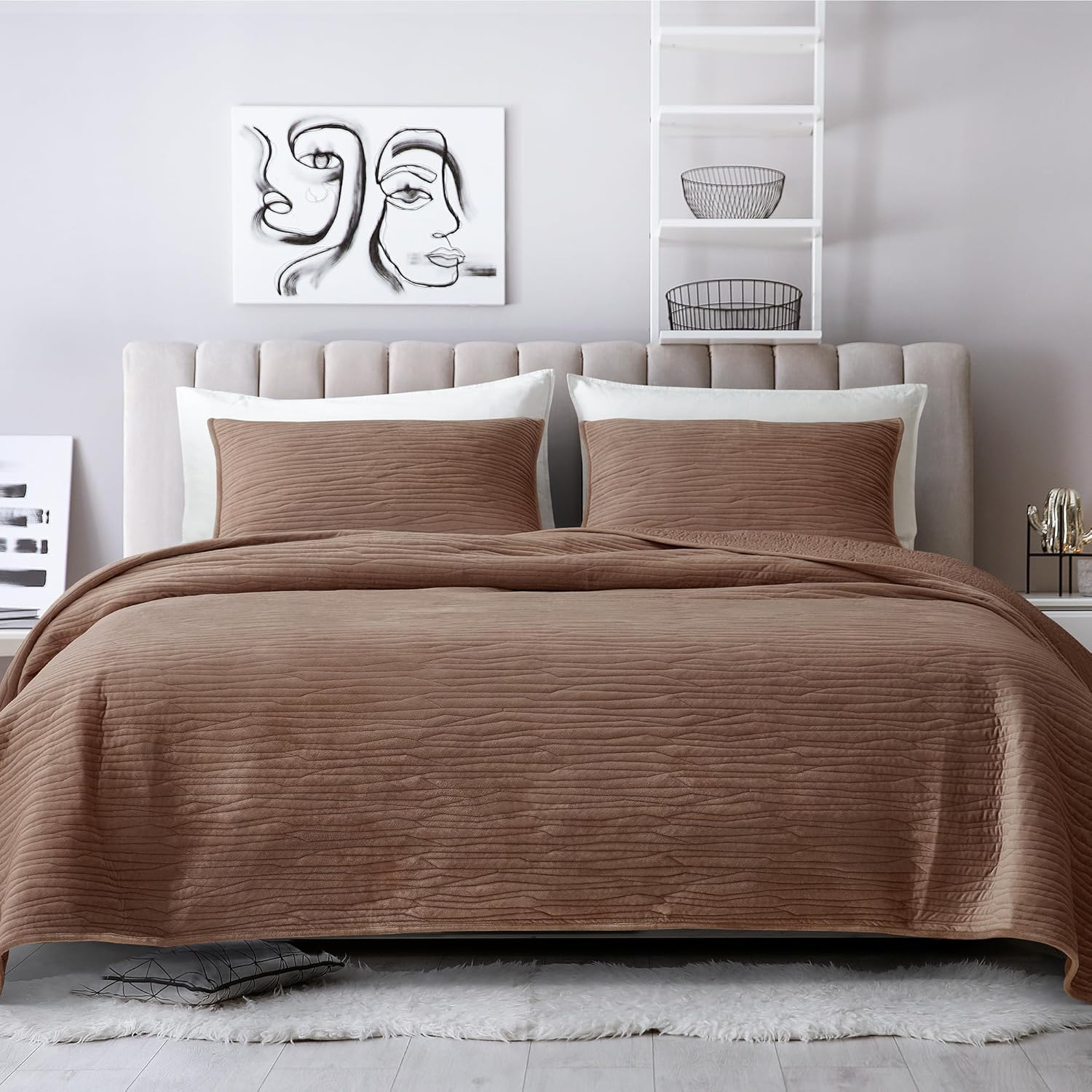 Amazon.com: SHALALA Mocha Coffee Velvet Quilt King Size,Lightweigh ...