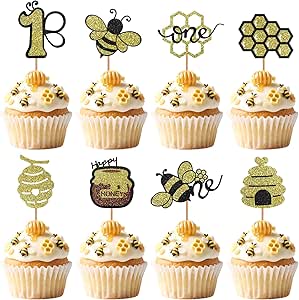 Amazon.com: 48Pcs Bee One Cupcake Toppers Glitter Honeycomb Number 1 ...