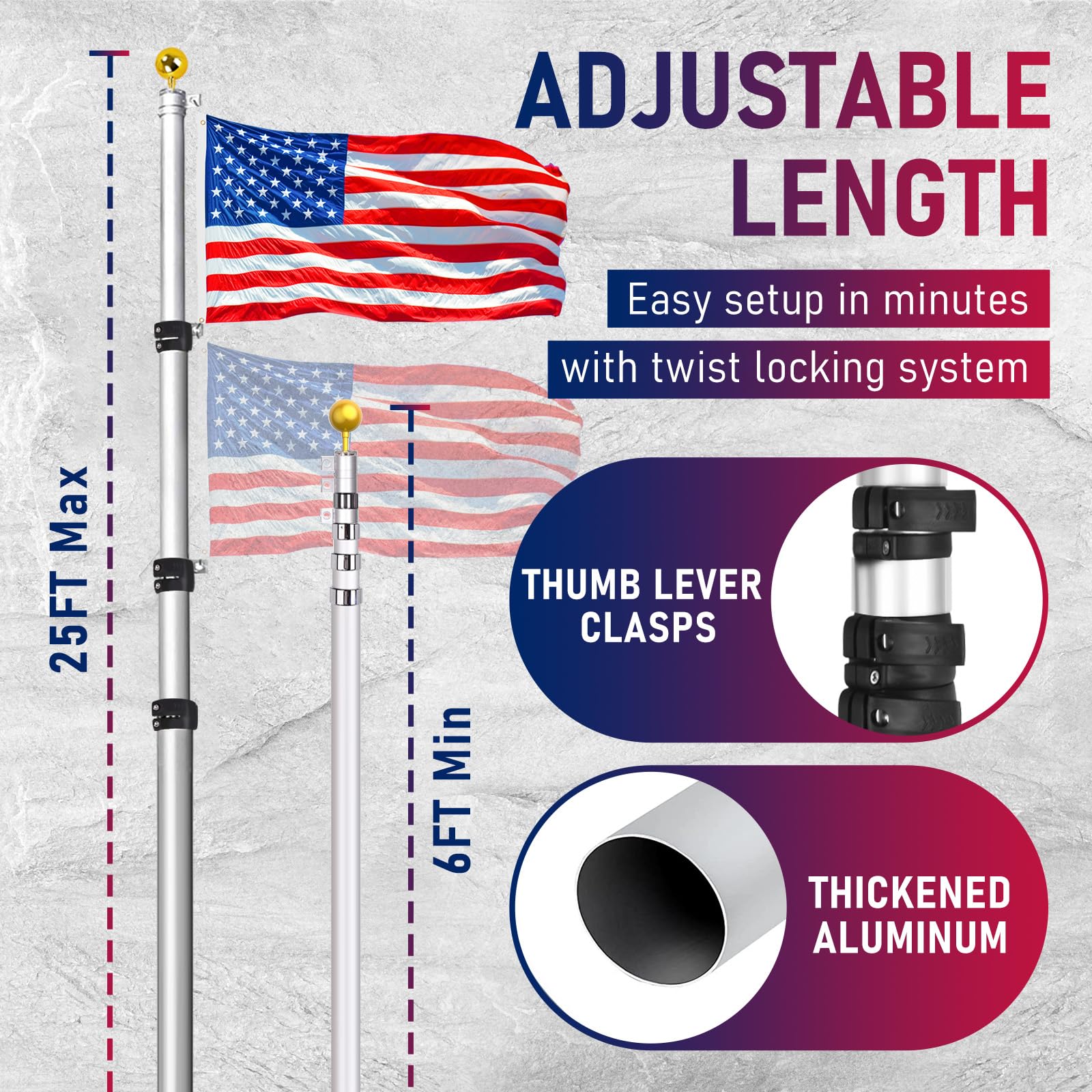 Snapklik.com : Hooomyai 25FT Telescopic Flag Pole Kit, Buckle Lock ...