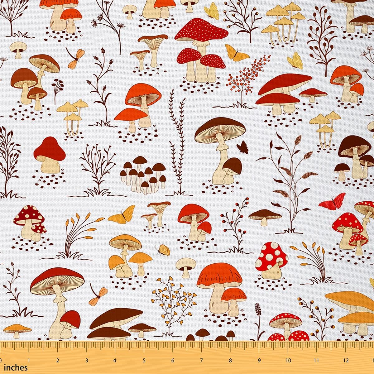 Amazon.com: Cute Mushroom Fabric by The Yard Cartoon Red Orange Plants ...