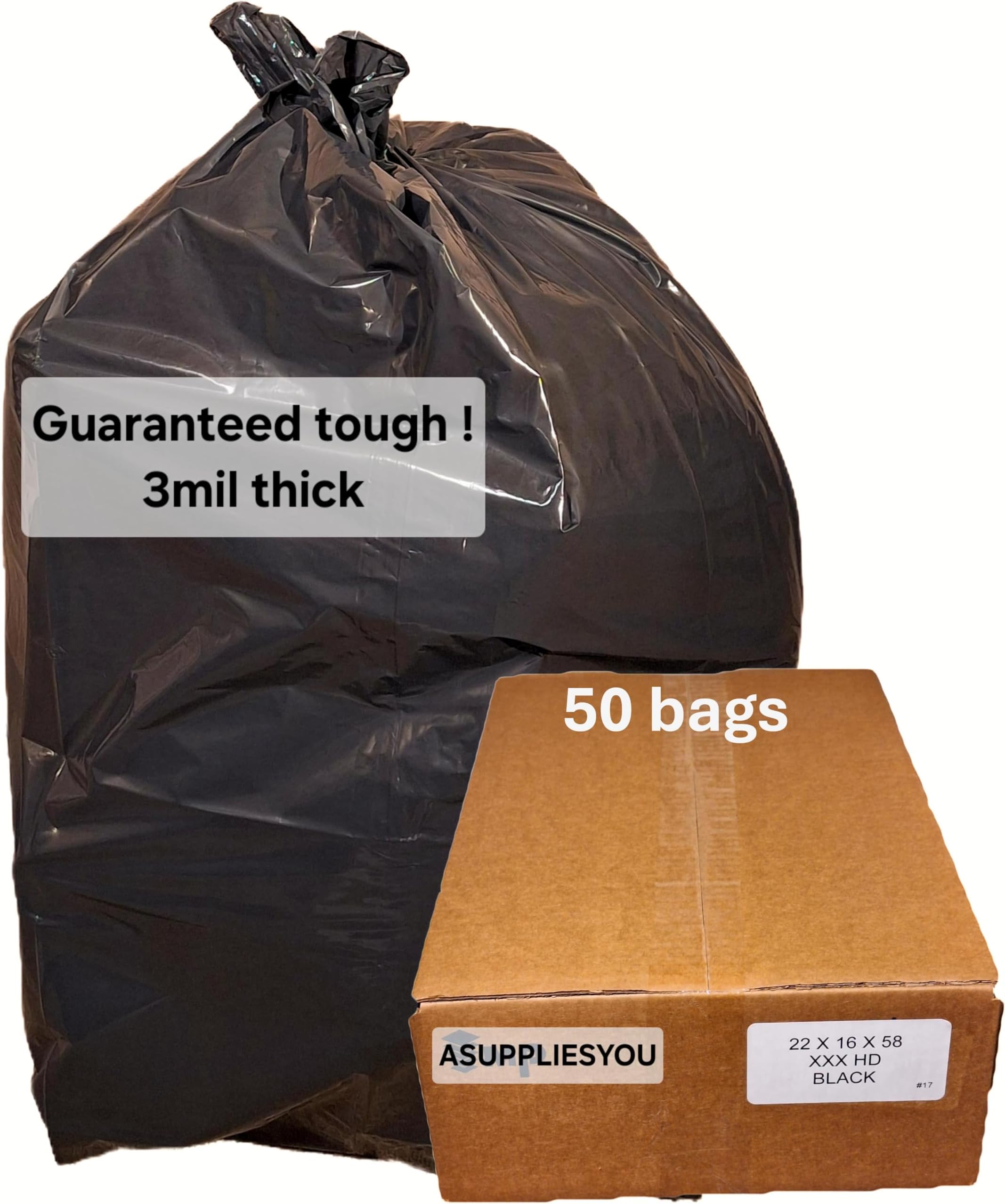 Amazon.com: Heavy Duty Contractor Trash Bags, 58 Gallon, Black, 3 mil ...