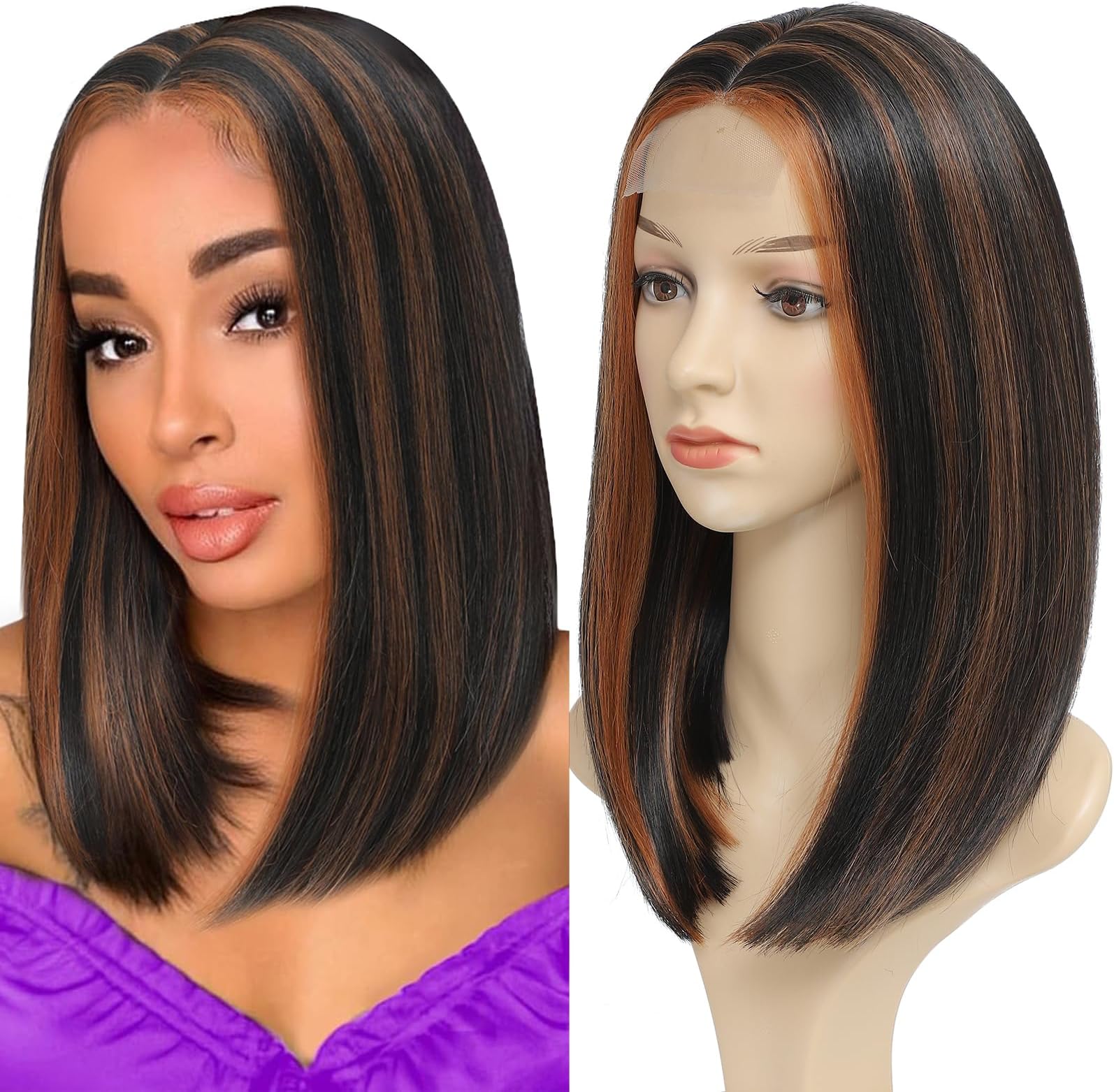 Amazon.com : meiliprotea Brown Highlight Bob Wig Middle Part Synthetic ...
