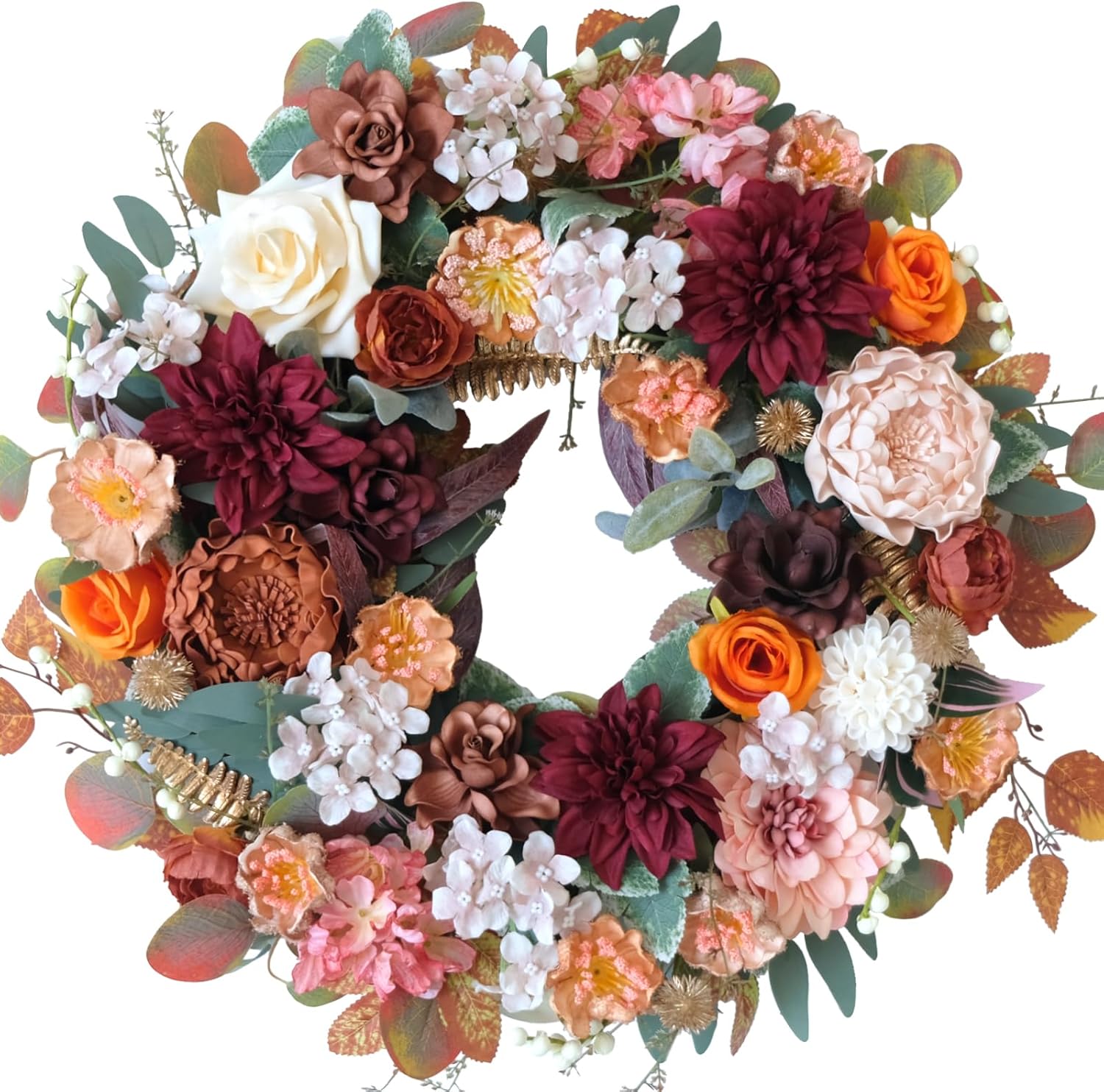 Amazon.com: Fall Flower Wreath with Burgundy Dahlias, Orange Roses ...
