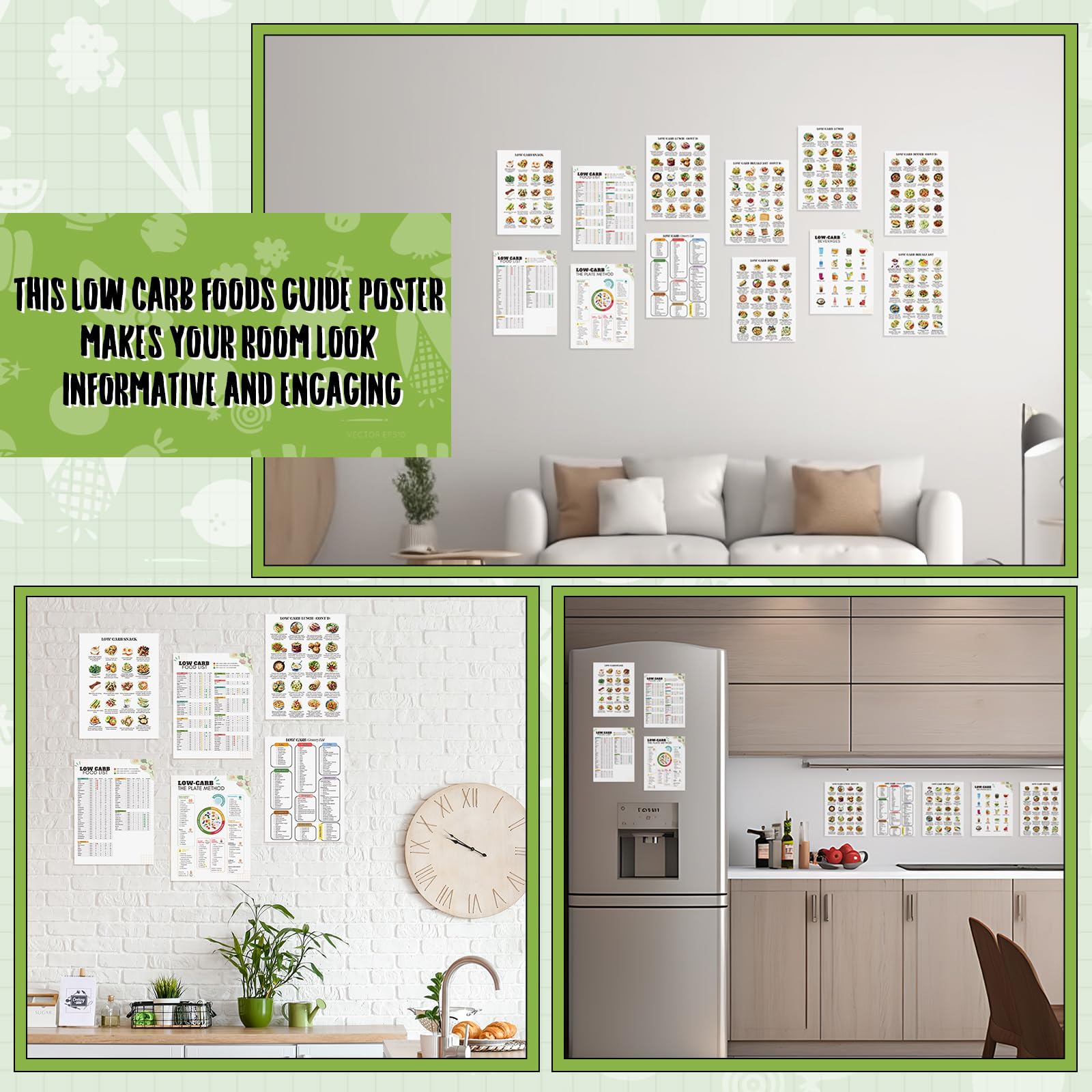 Snapklik.com : 12 Pcs Low Carb Food List Chart Posters Low Carb Meal ...