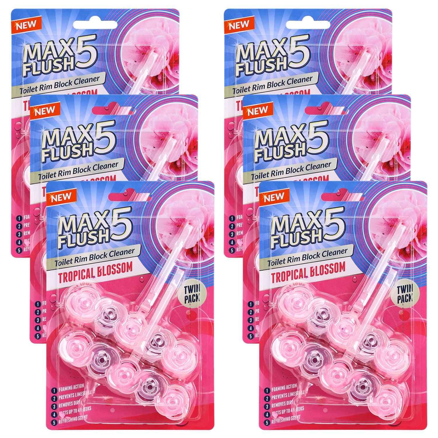 6 Pack Max Flush 5 Tropical Blossom Toilet Rim Block Cleaner (Twin Pack ...