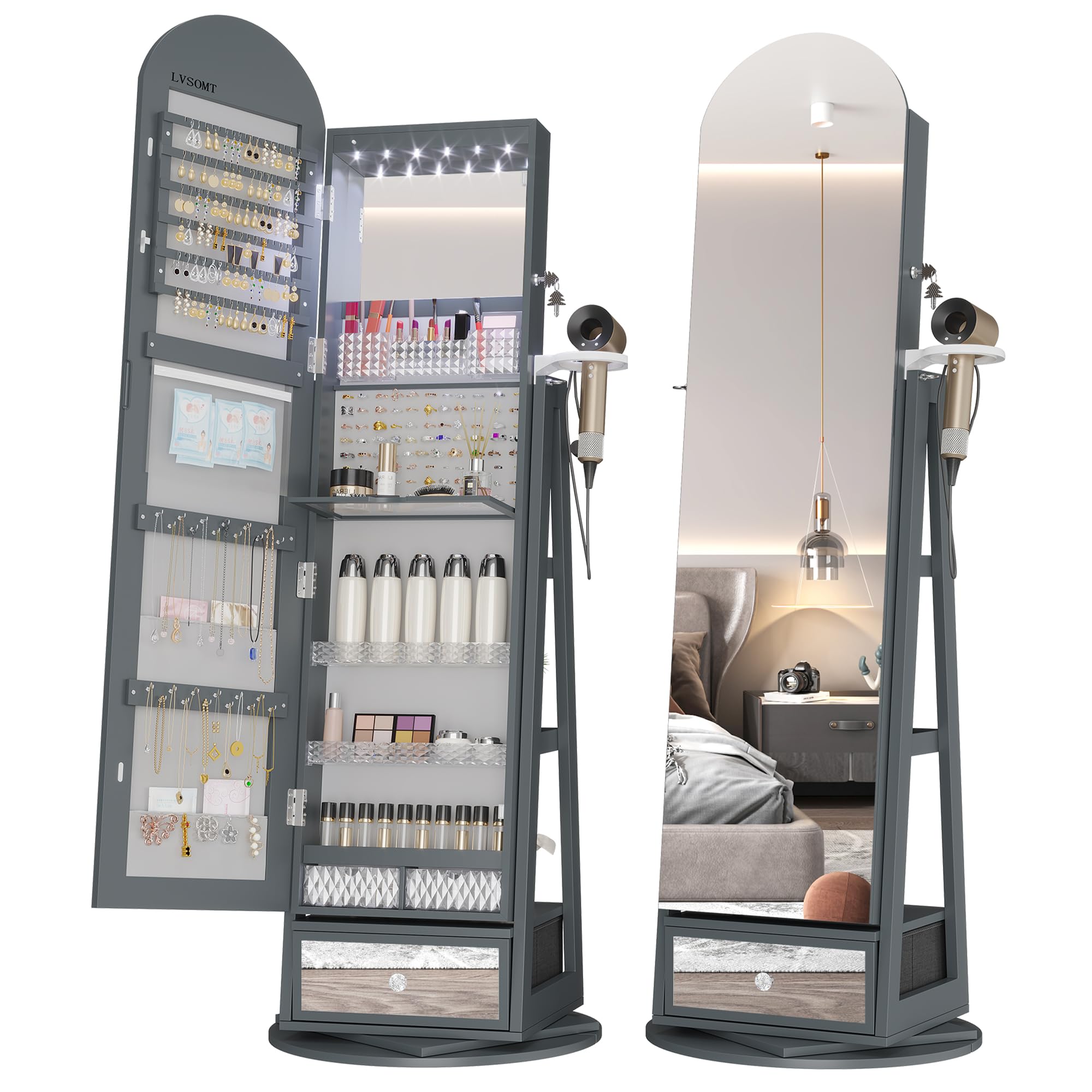 Amazon.com: LVSOMT 360° Swivel Arched Jewelry Mirror Cabinet, 64"H ...
