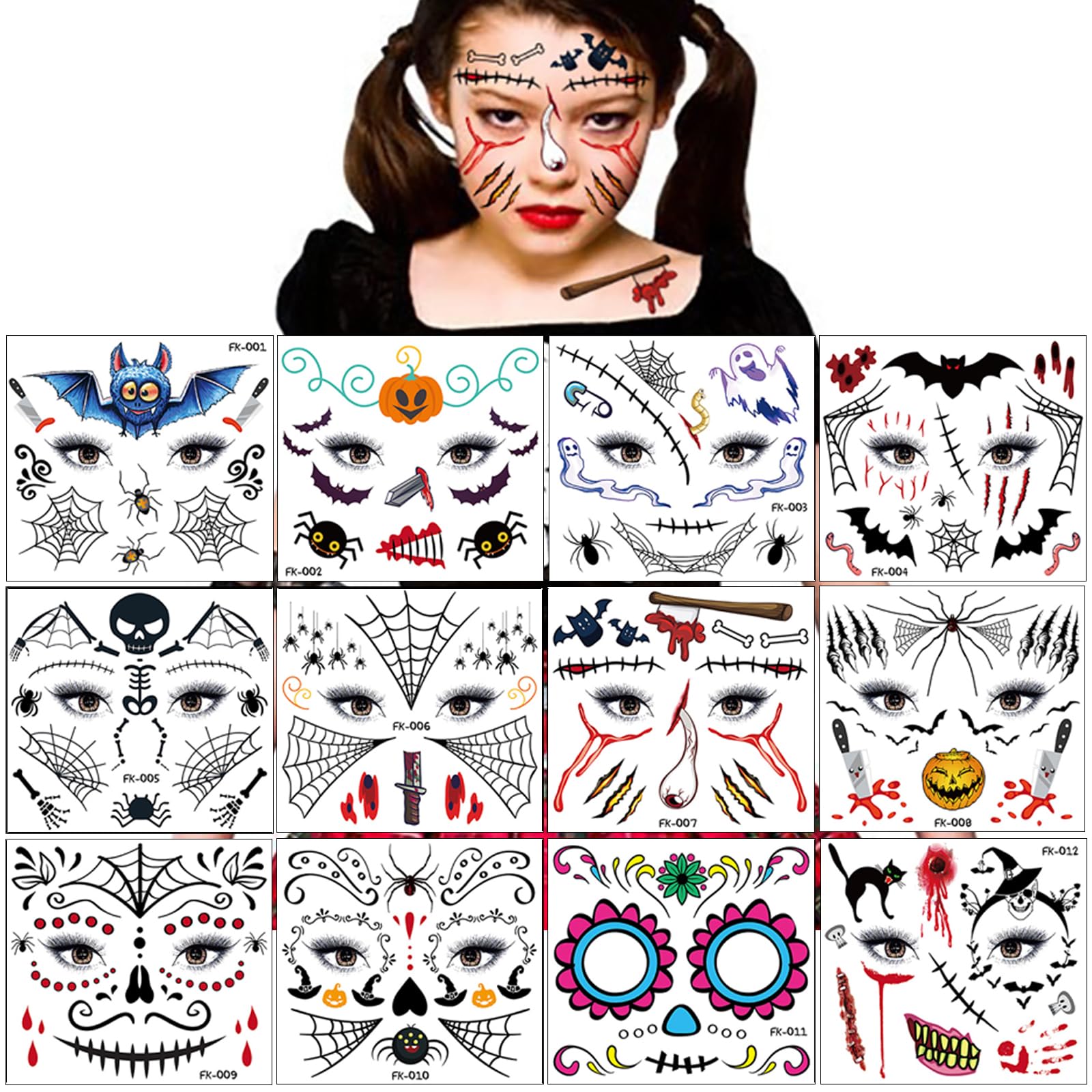 Amazon.com : 12 Sheets Halloween Face Tattoo Sticker, Halloween Eye ...